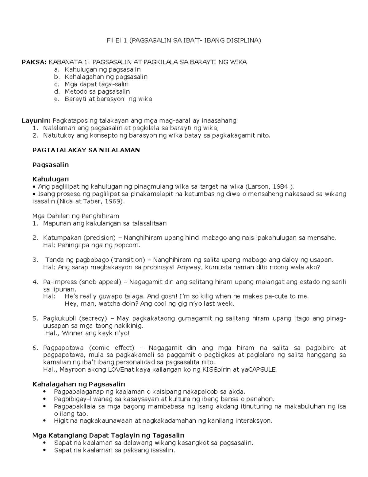 Gawain-1-with-lecture-notes - Fil El 1 (PAGSASALIN SA IBA’T- IBANG ...
