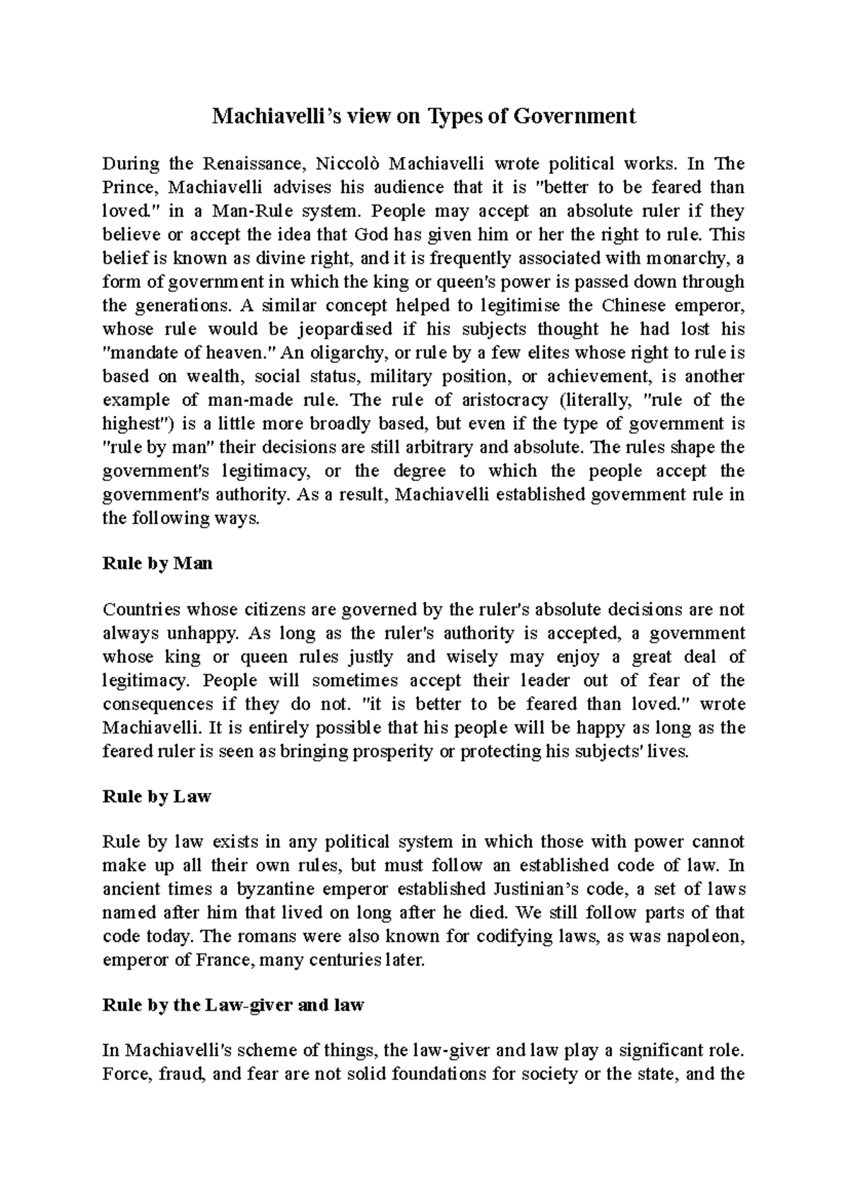 Machiavelli’s view on Types of Government - Machiavelli’s view on Types ...