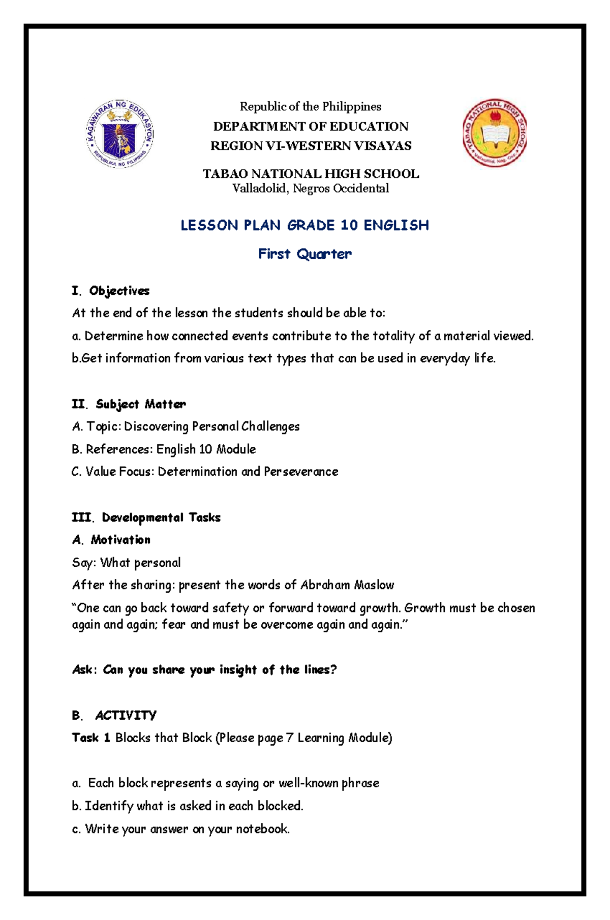 Grade 10 English Lesson Plan: Discovering Personal Challenges Q1 - Studocu