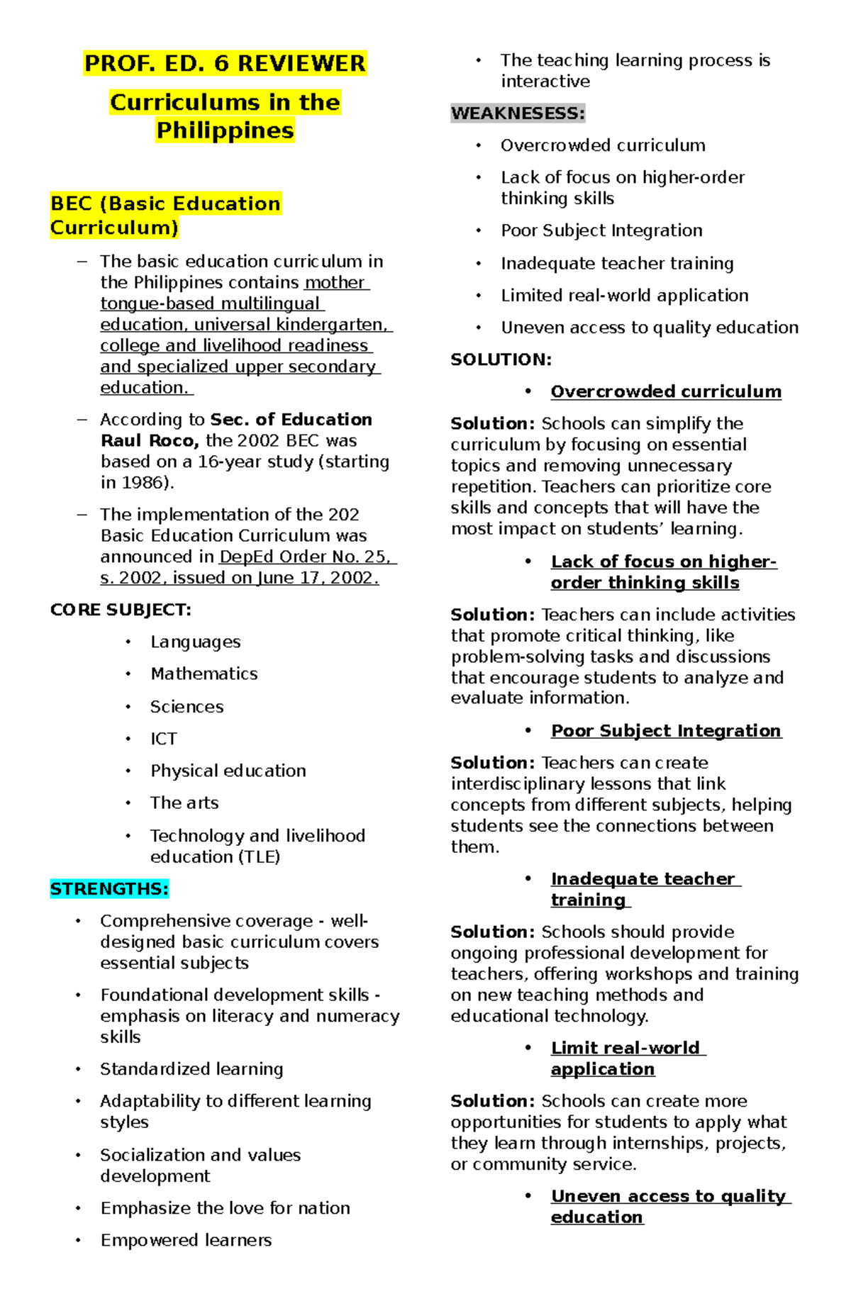 PROF ED 6: Comprehensive Review of Curriculums in the Philippines - Studocu
