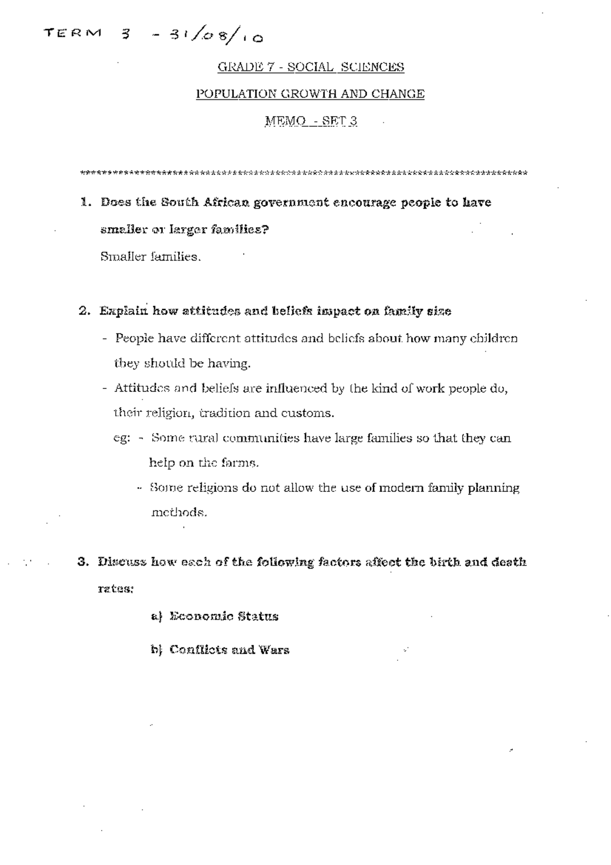 TERM 3 GRADE 7 SOCIAL SCIENCES POPULATION GROWTH MEMO SET 3 - Studocu