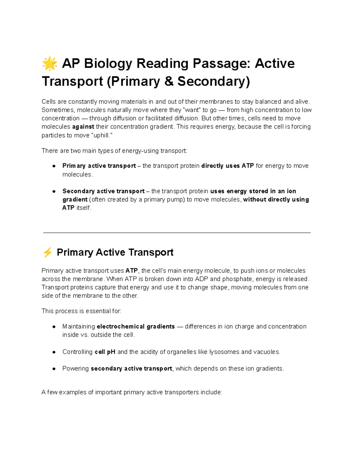 🌟 AP Biology Reading Comprehension: Active Transport (Primary ...
