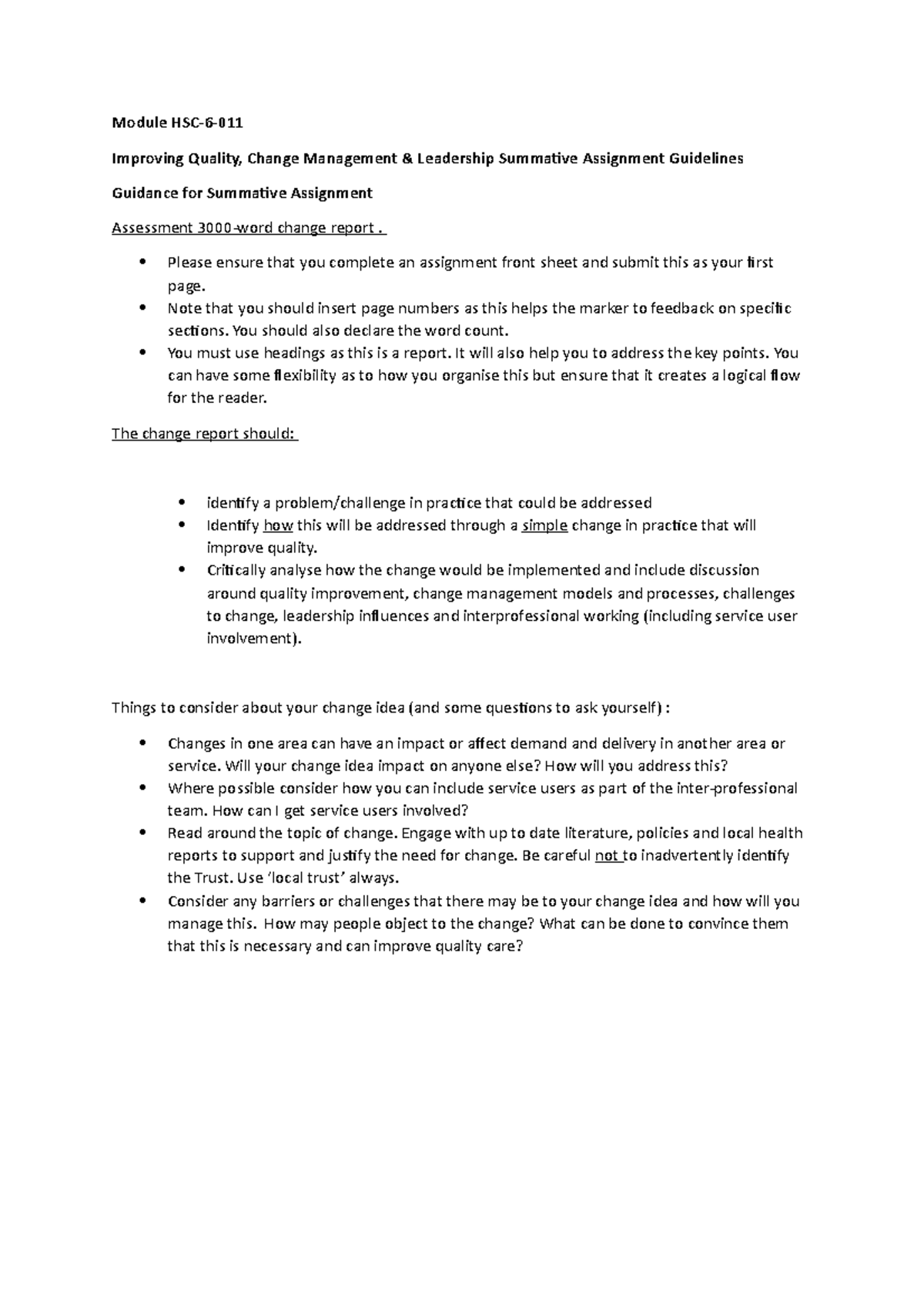 HSC-6 Change Management & Leadership: Quality Improvement Report - Studocu
