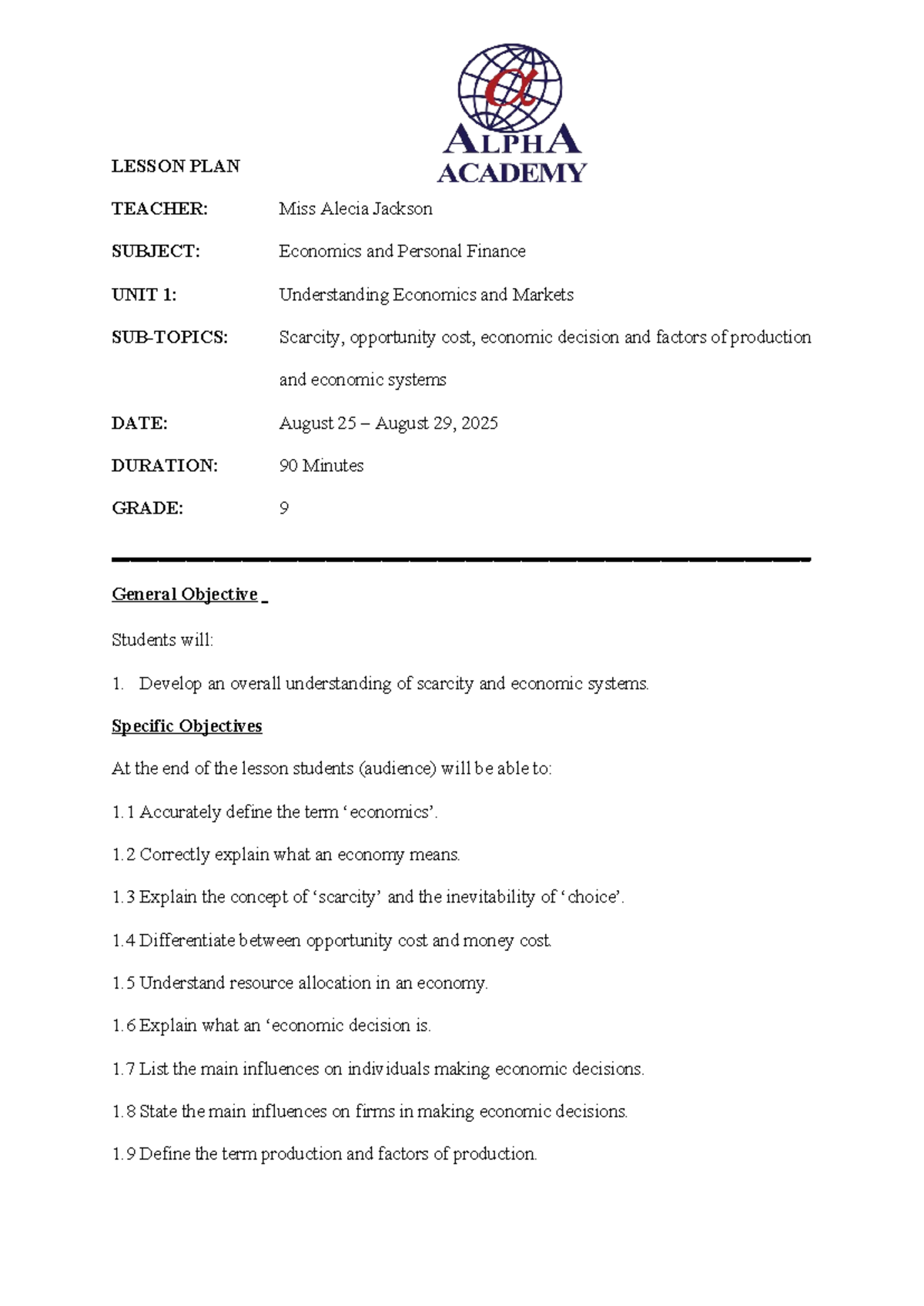 Lesson Plan 1: Scarcity & Economic Systems (Econ 9) - Studocu