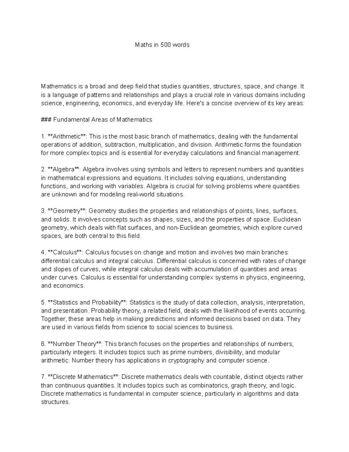 Essay on Mathematics: Key Areas and Their Importance - Studocu