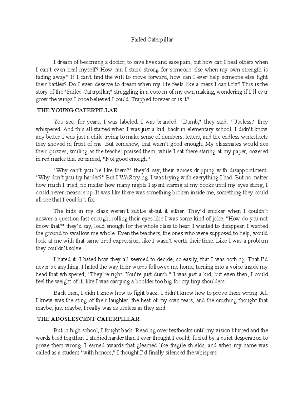 Failed Caterpillar - Example of narrative essay - Failed Caterpillar I ...