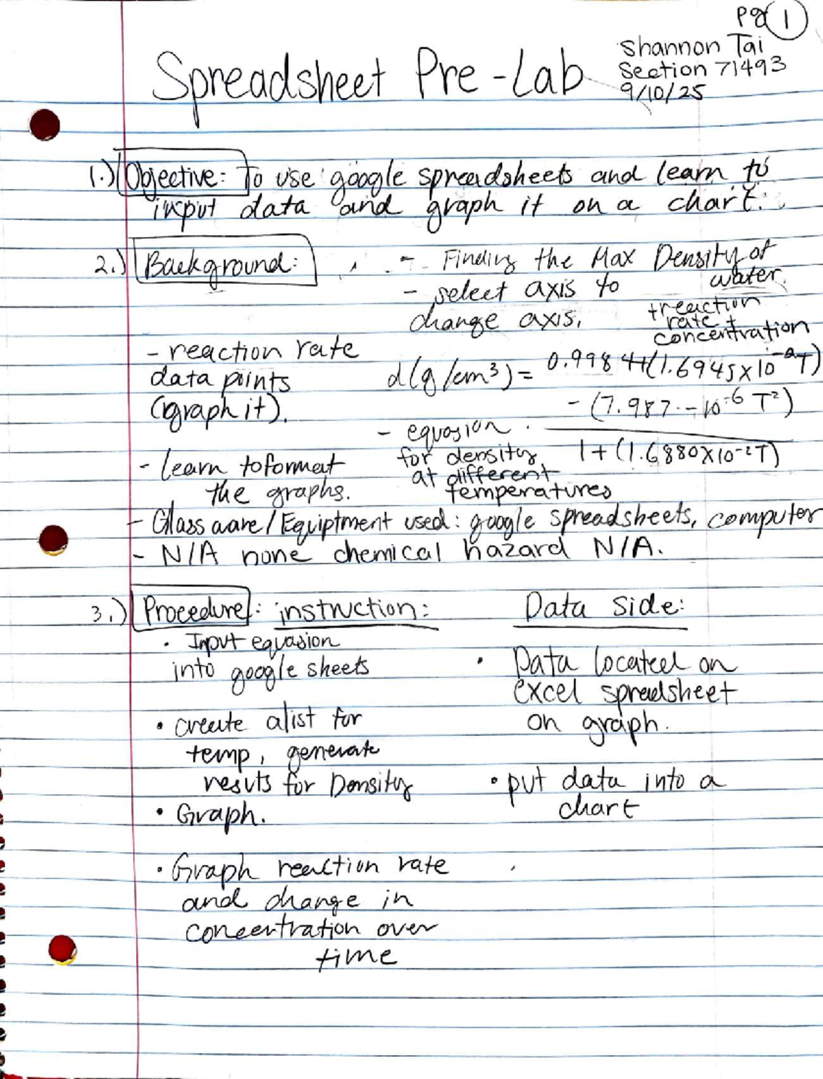 Spreadsheet Assignment Final: Pre Lab Section 71493 on Density Graphs ...