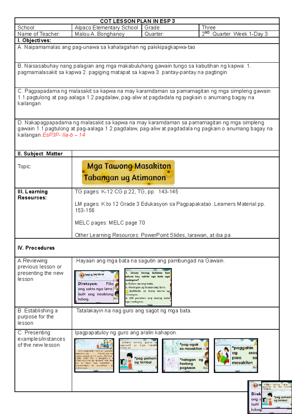 COT Lesson Plan in ESP 3: Quarter 2, Week 1, Day 3 - Studocu