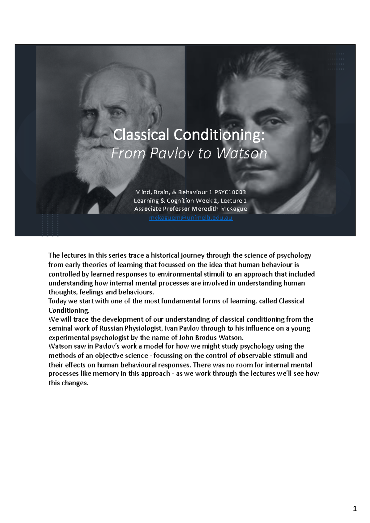 Classical Conditioning: From Pavlov to Watson - PSYC 1 Lecture Notes ...