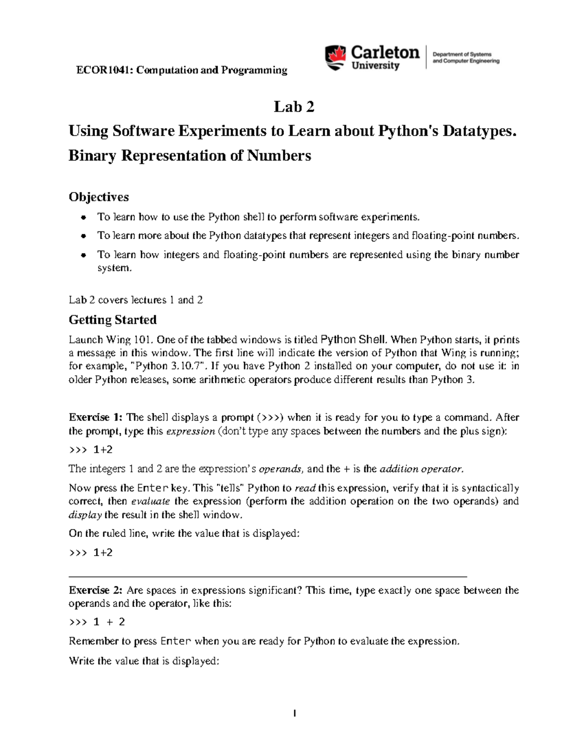ECOR1041: Lab 2 - Python Datatypes & Binary Representation Exercises ...
