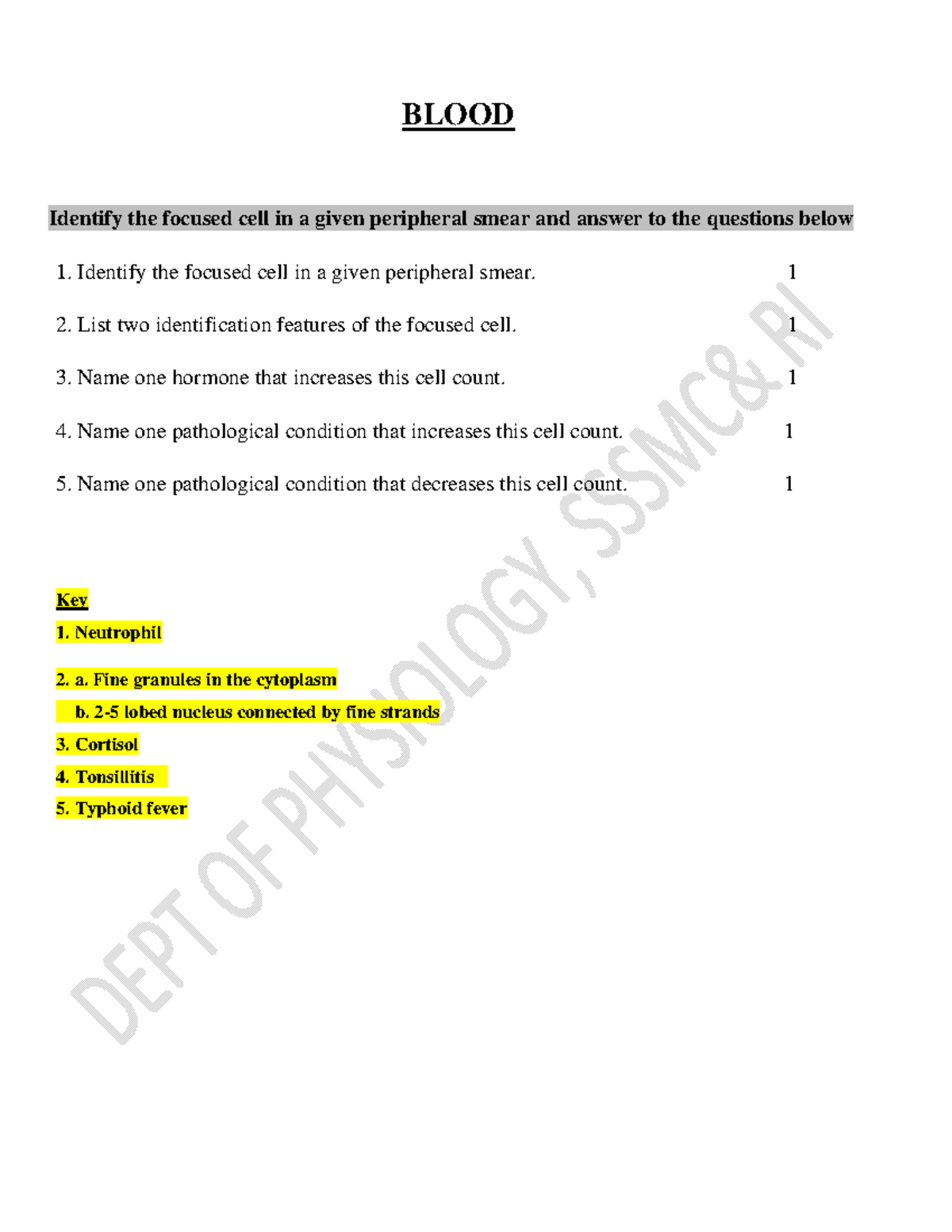Physiology Charts: Blood Cell Identification & Functions (Course Code ...