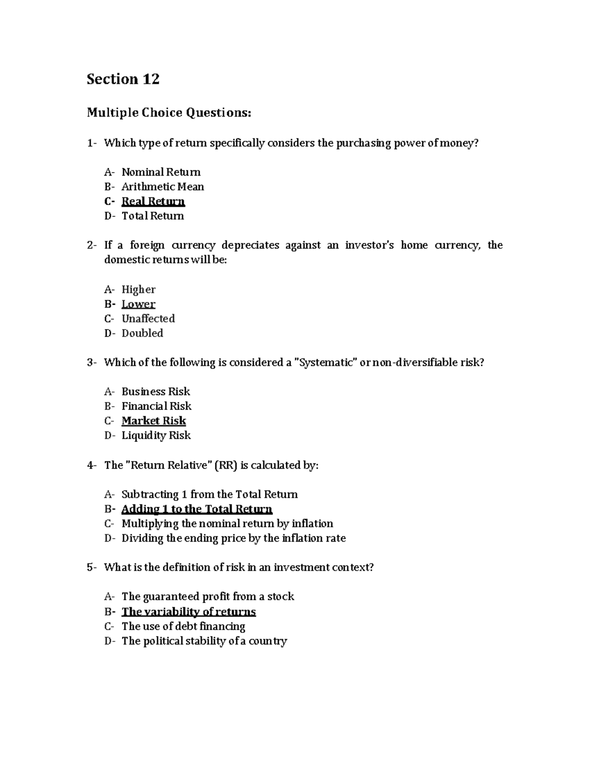 Chapter 6 Revision: Key Concepts in Investment Returns and Risks - Studocu