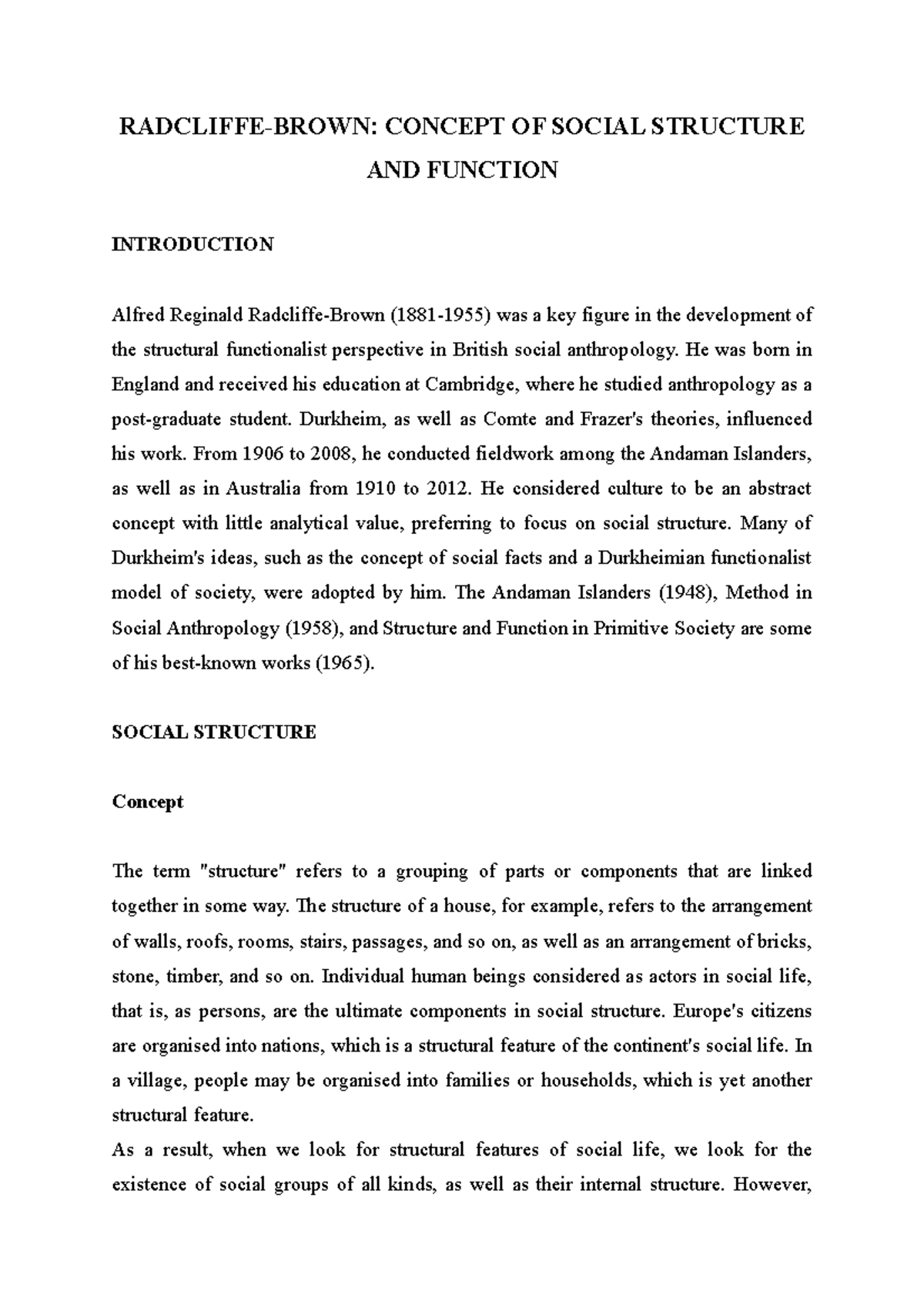 Radcliffe-Brown: Understanding Social Structure & Function Concepts ...