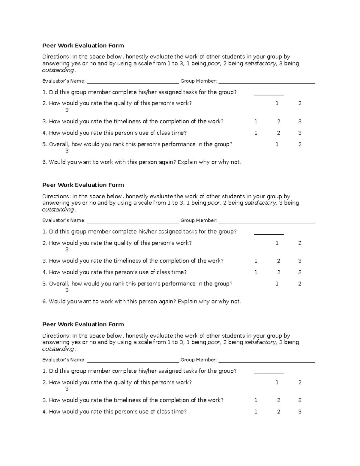 Peer Work Evaluation Form - Peer Work Evaluation Form Directions: In ...