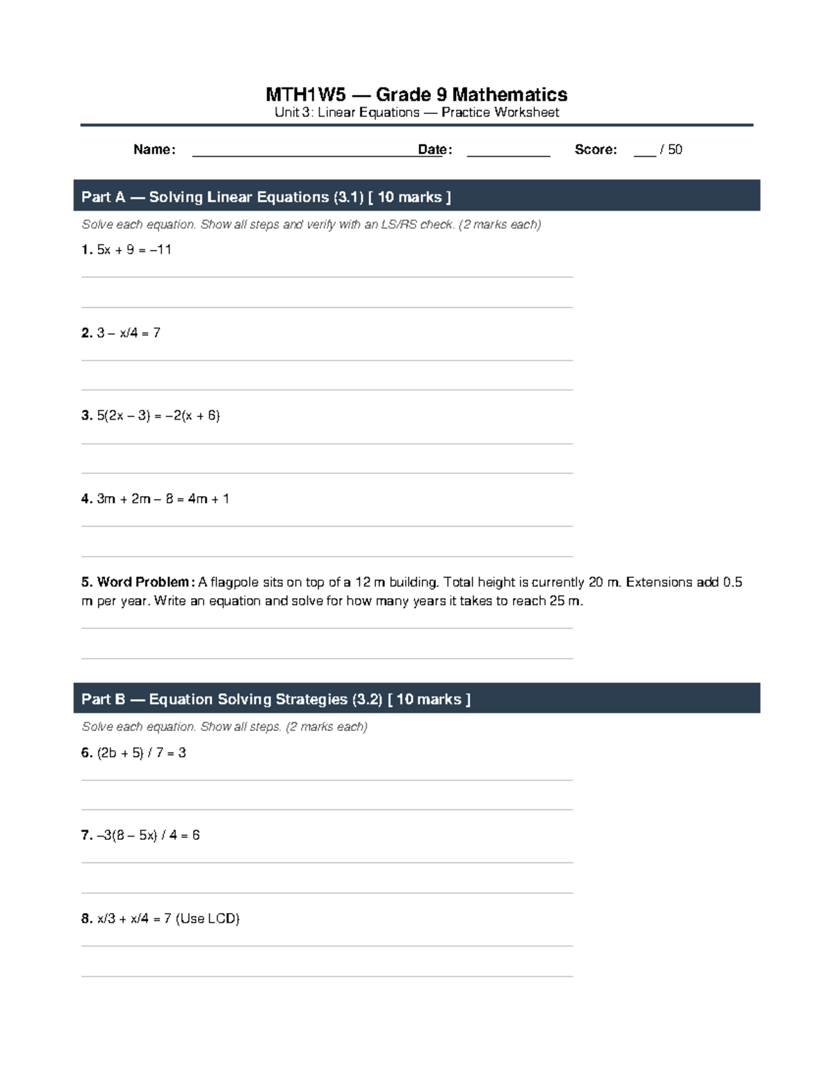 MTH1W5 Grade 9 Math Unit 3: Linear Equations Practice Worksheet - Studocu