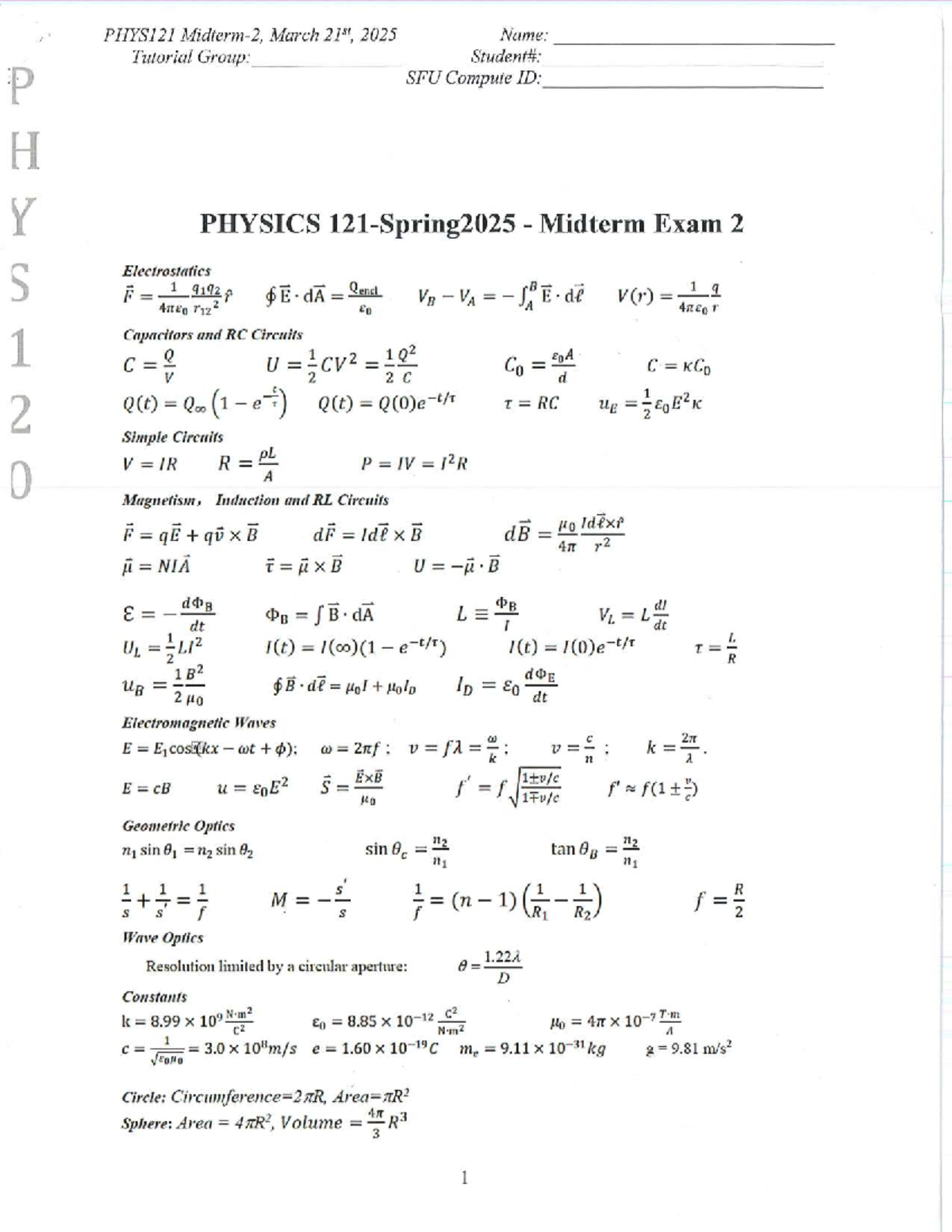 PHYS121 Midterm Exam 2 Solutions - March 21, 2025 - Studocu