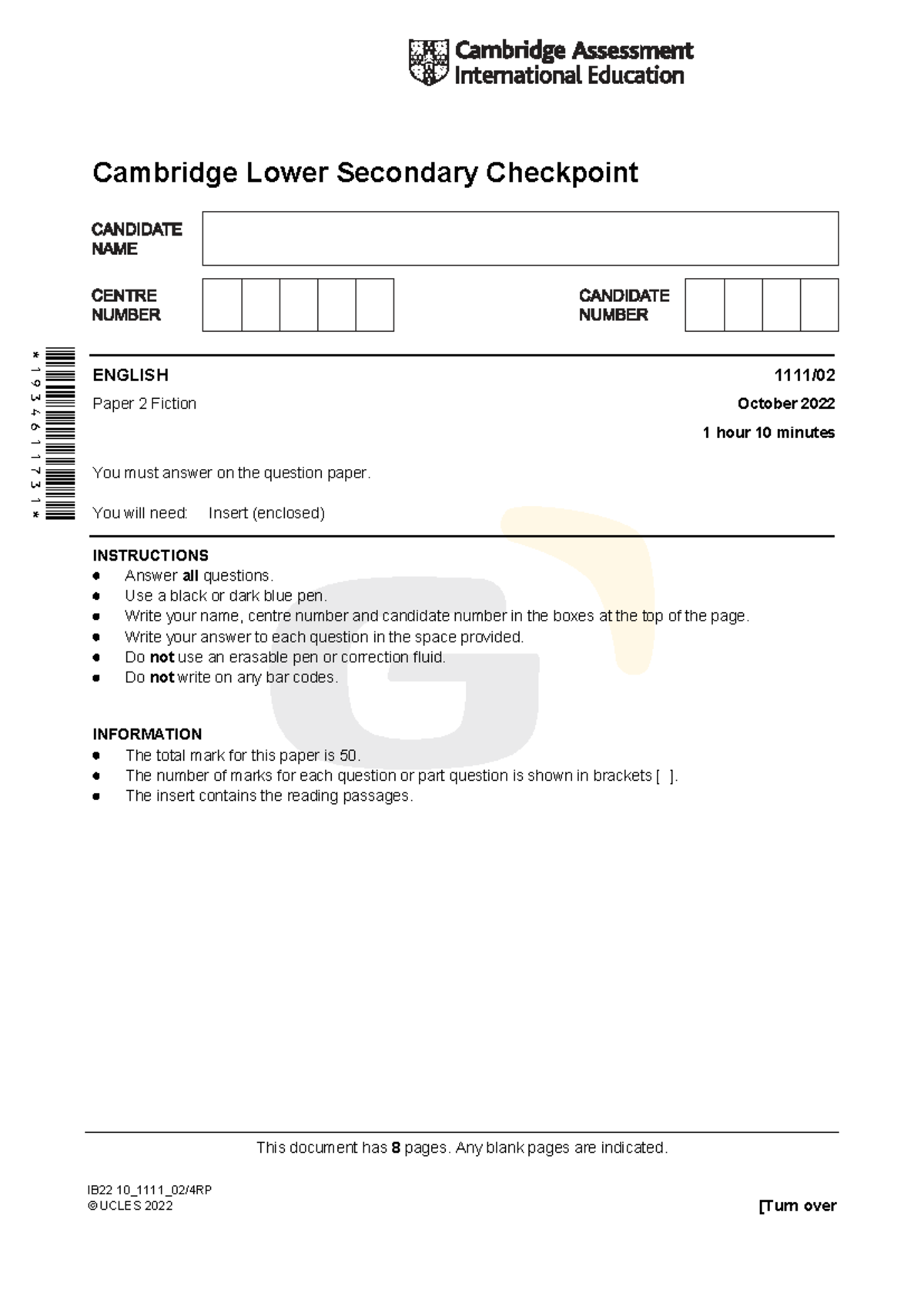 Cambridge Lower Secondary Checkpoint ENGLISH P2 Fiction Qs - Oct 2022 ...