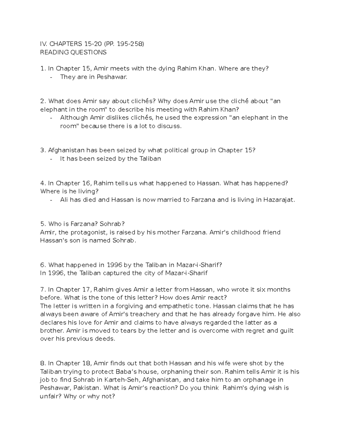 Chapters 15-20 Study Guide for The Kite Runner (ENG 101) - Studocu