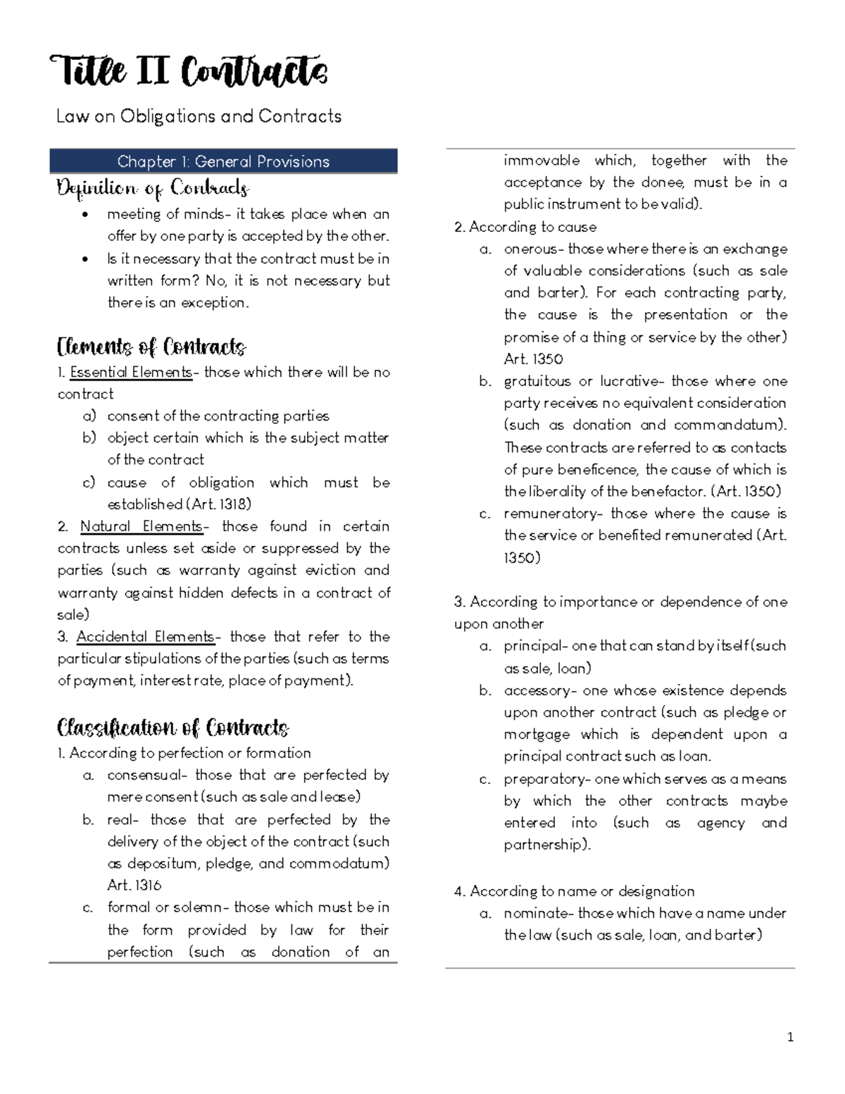 Contracts - Title II Contracts Law on Obligations and Contracts Chapter 1: General Provisions ...