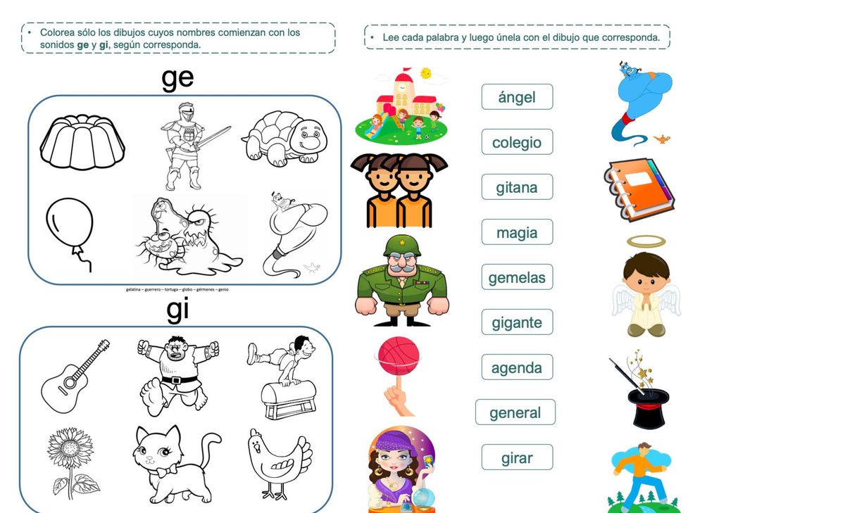 Consonante Ge-gi - Guía de desarrollo - Colorea sólo los dibujos cuyos ...