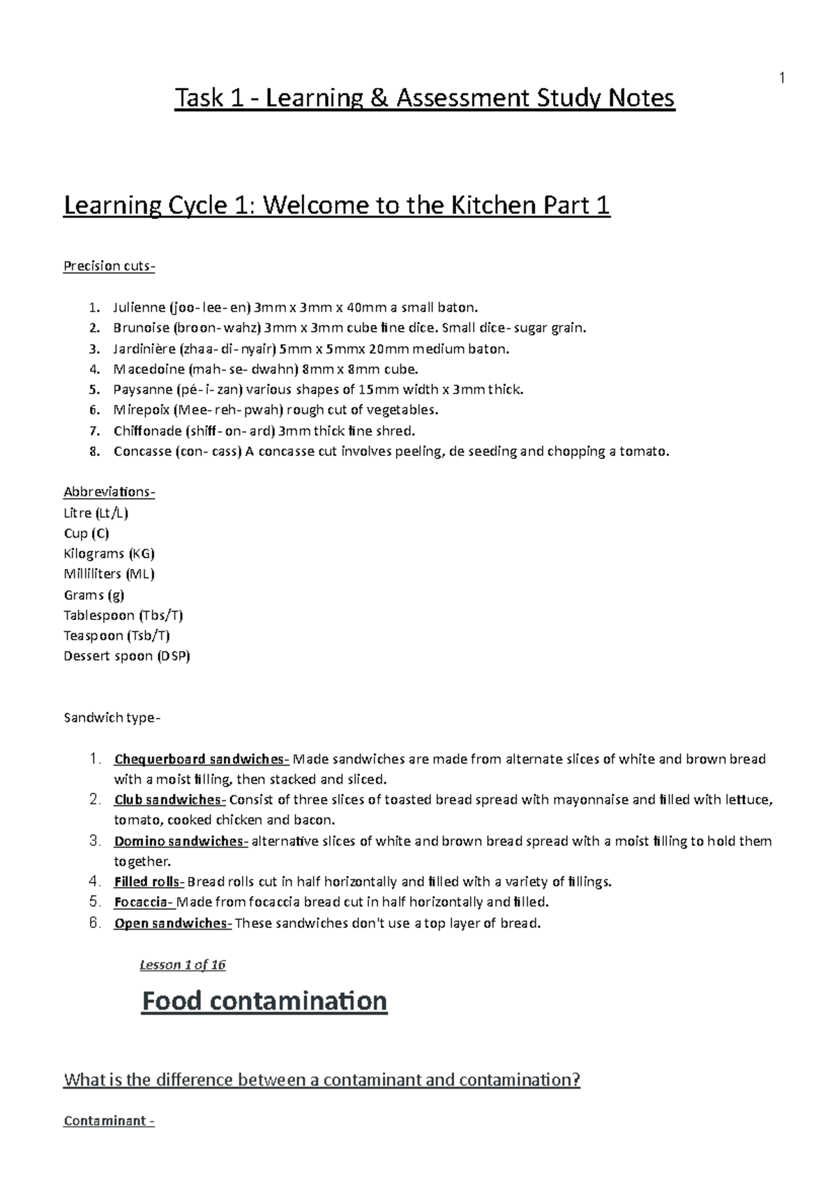 Task 1 - Learning Assessment Notes: Food Safety & Hygiene Practices ...