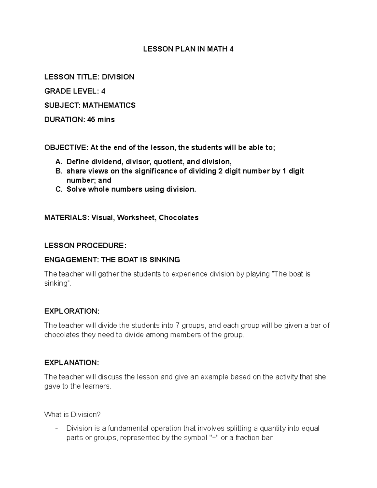 Math 4 Lesson Plan: Mastering Division Concepts and Techniques - Studocu