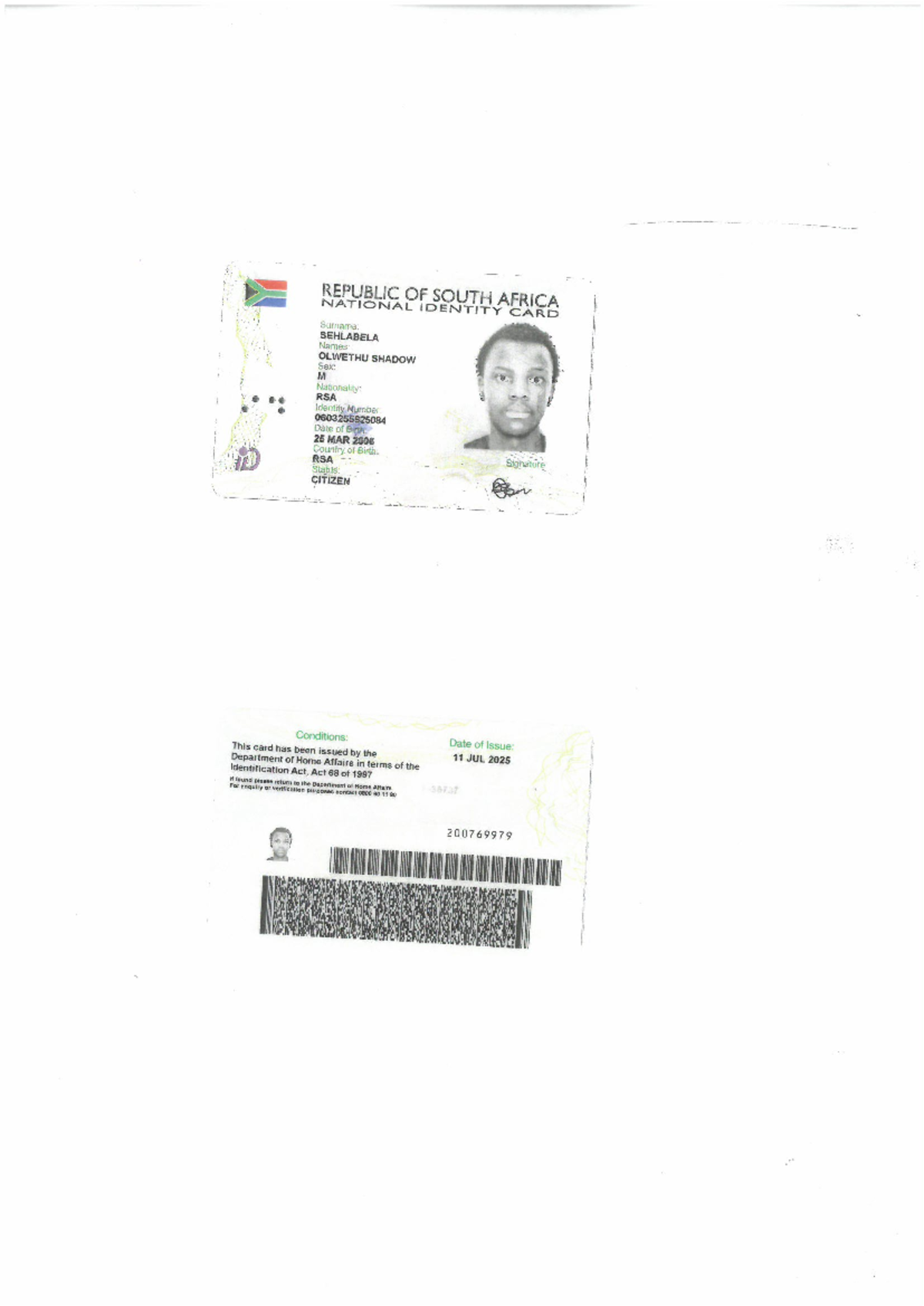 RSA National Identity Card Details for Olwethu Shadow - Studocu