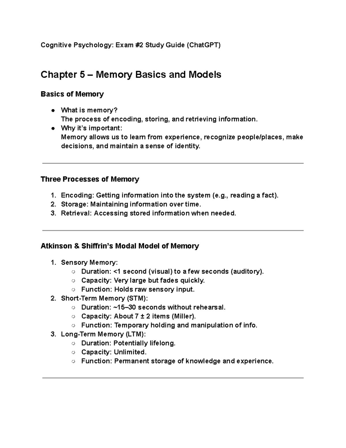 Cognitive Psychology: Exam #2 Study Guide - Memory Concepts & Models - Studocu