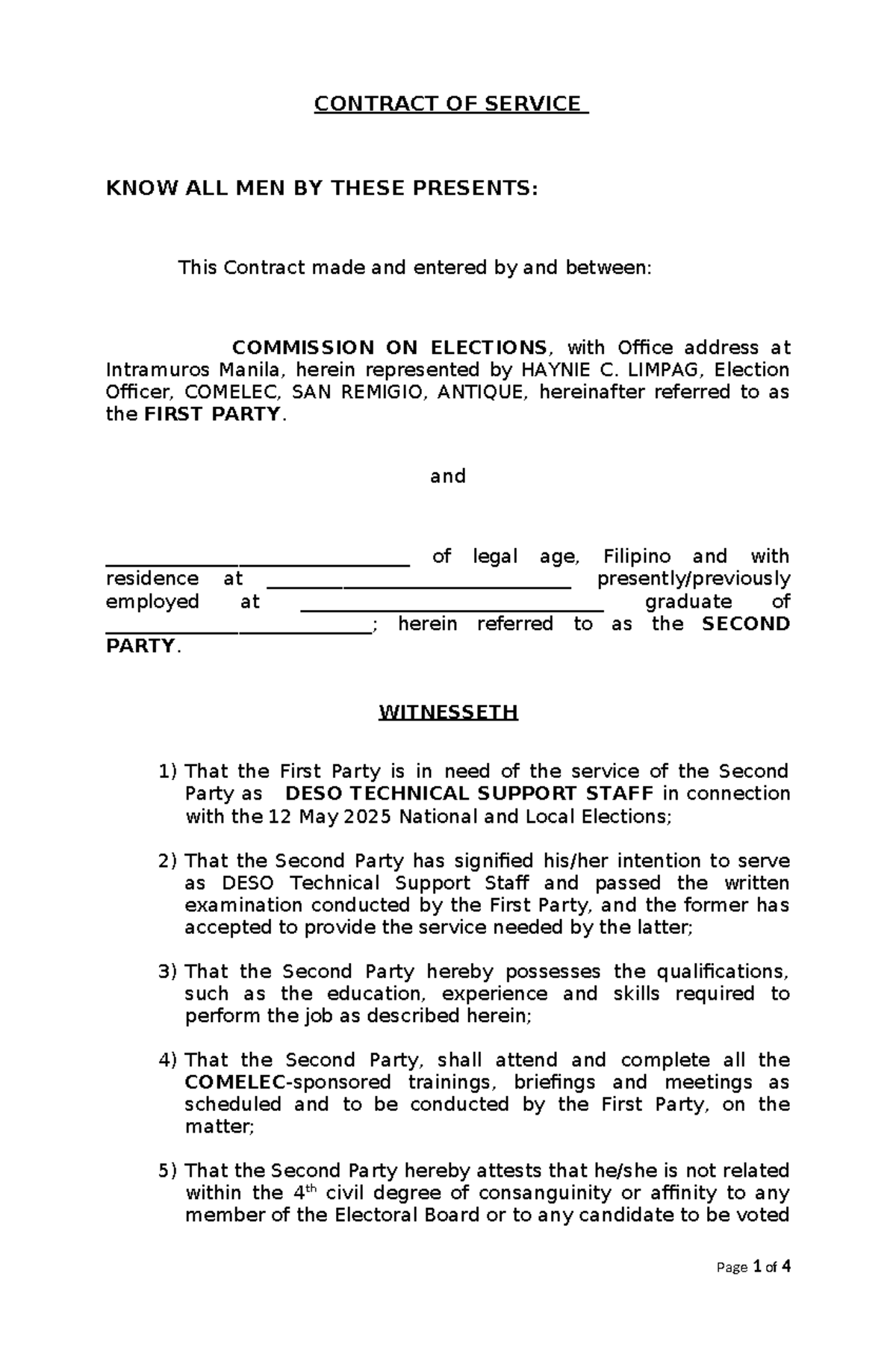 Contracts for DESO Technical Support Staff for May 2025 Elections - Studocu