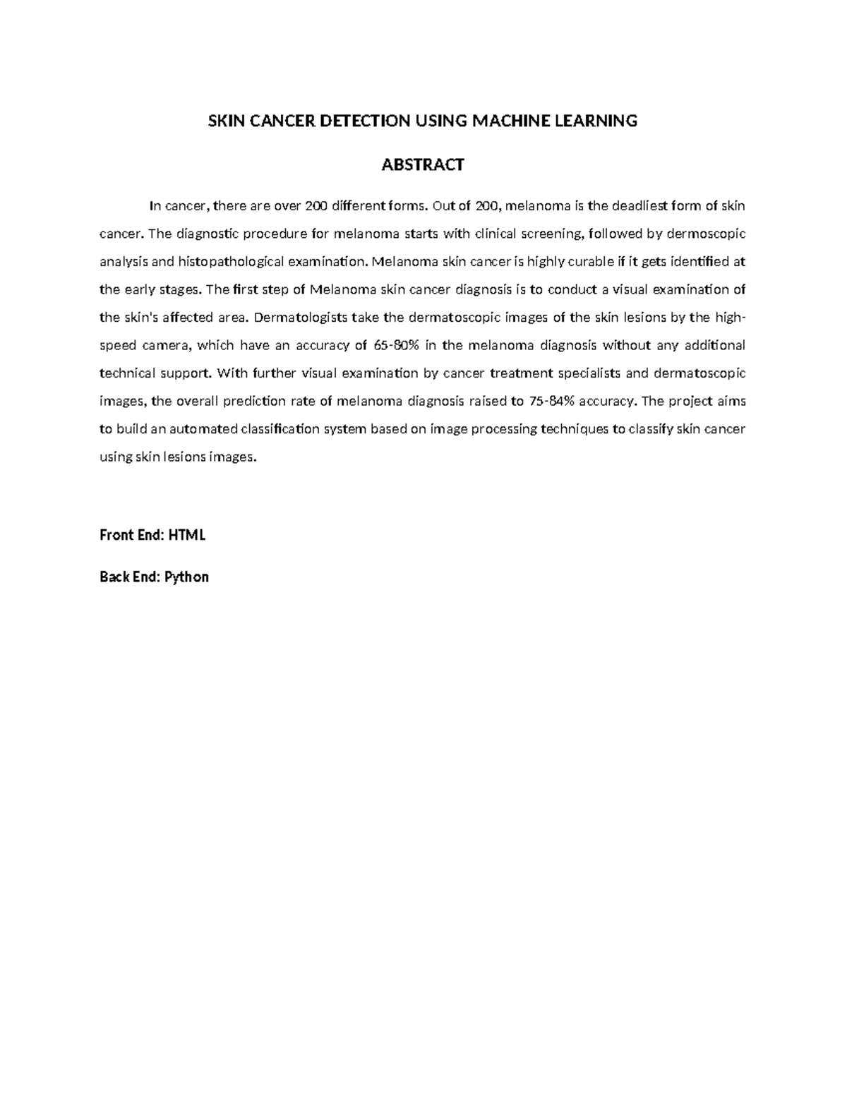 SKIN CANCER DETECTION USING ML: A Study on Melanoma Diagnosis - Studocu