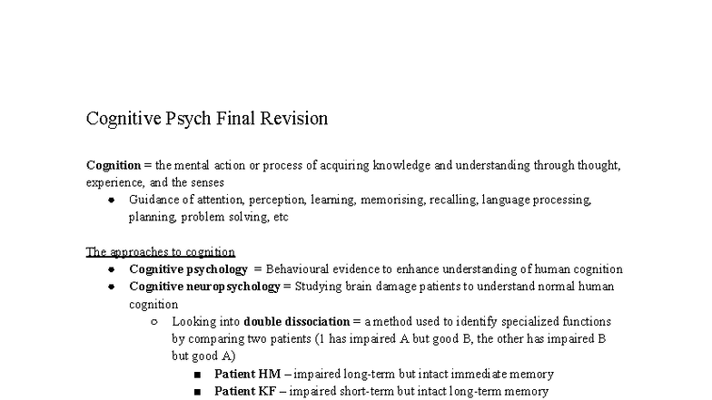 Cognitive Psych 101: Final Revision Summary on Cognition and Memory - Studocu