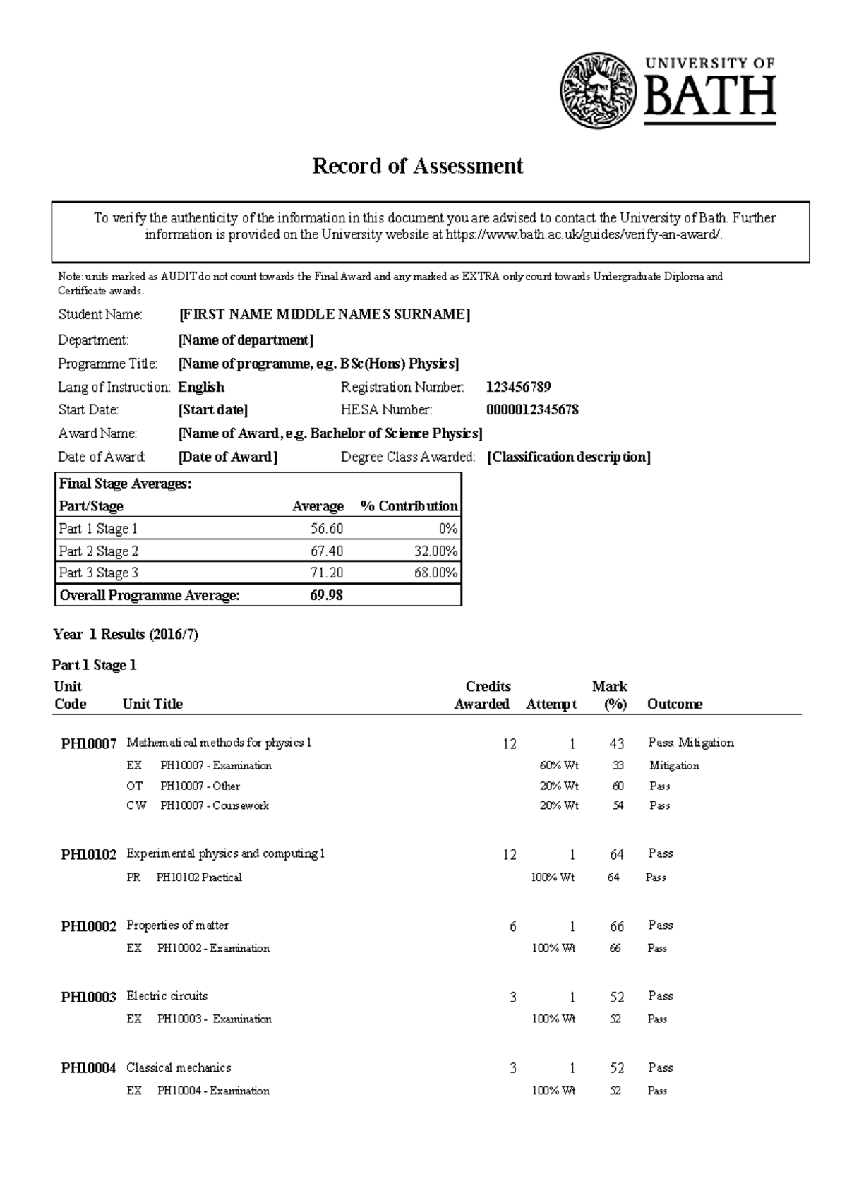 Record of Assessment for BSc(Hons) Physics - University of Bath - Studocu