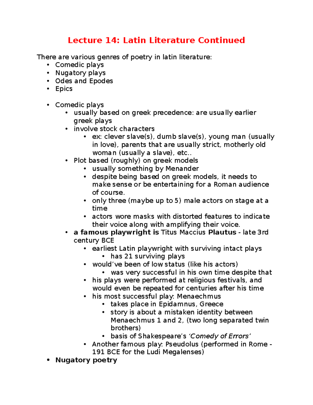 Lecture 14: Continued Exploration of Latin Poetry and Playwrights - Studocu