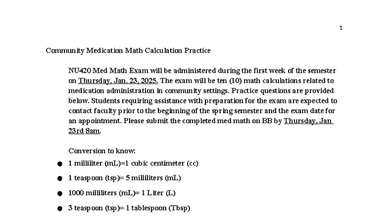 Community Medication Math Practice NU420 Med Math Exam Prep - Studocu