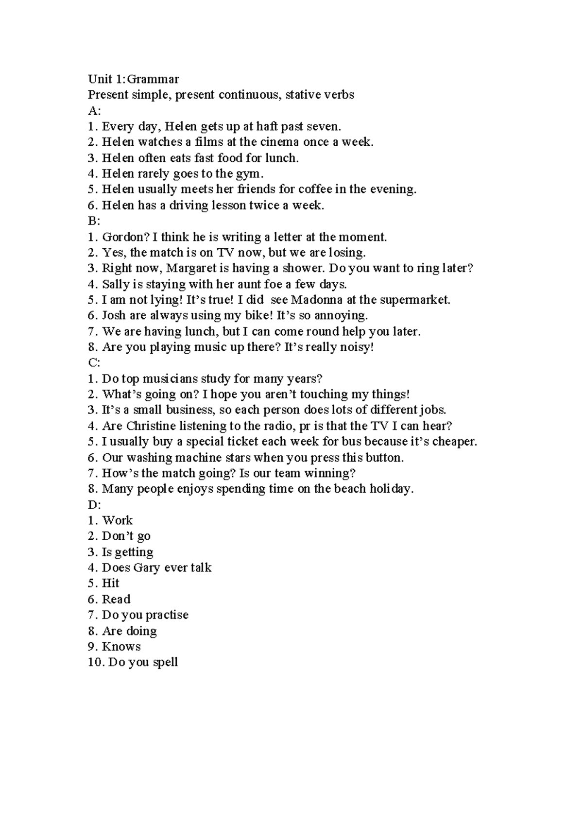 Unit 1: Grammar - Present Simple & Continuous Overview - Studocu