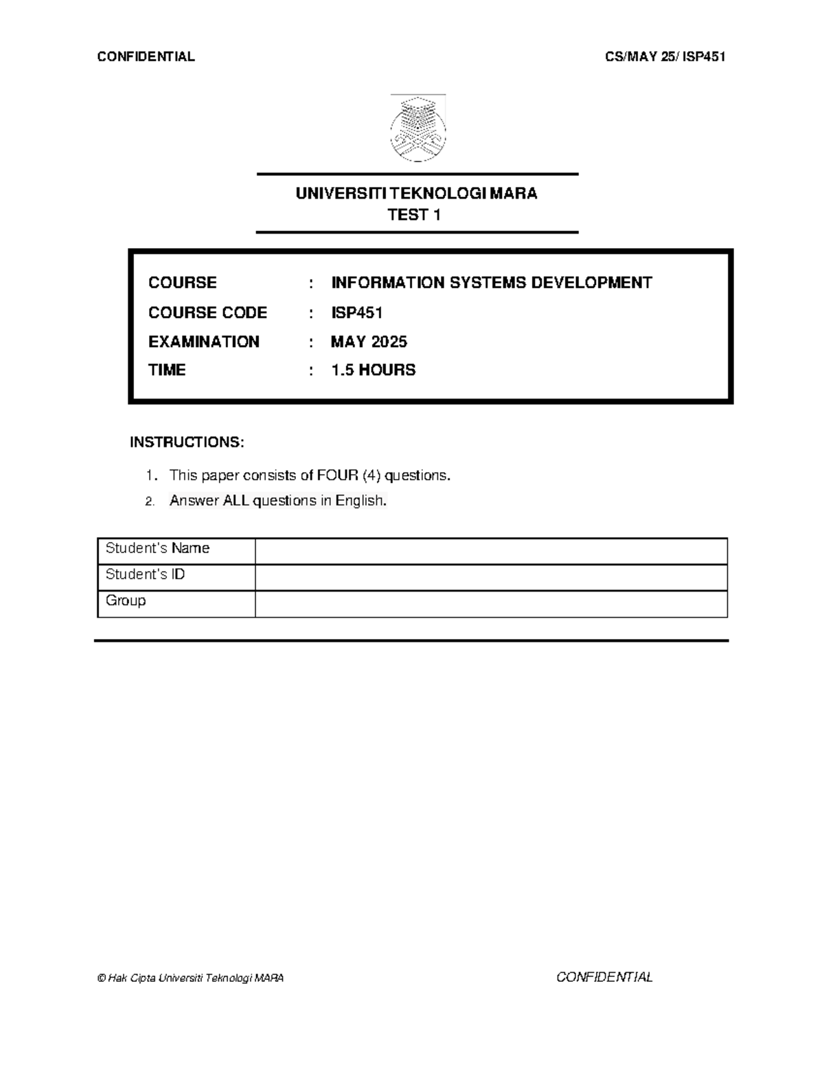 ISP451 Test 1 May 2025 - Past Year Paper UITM - Studocu