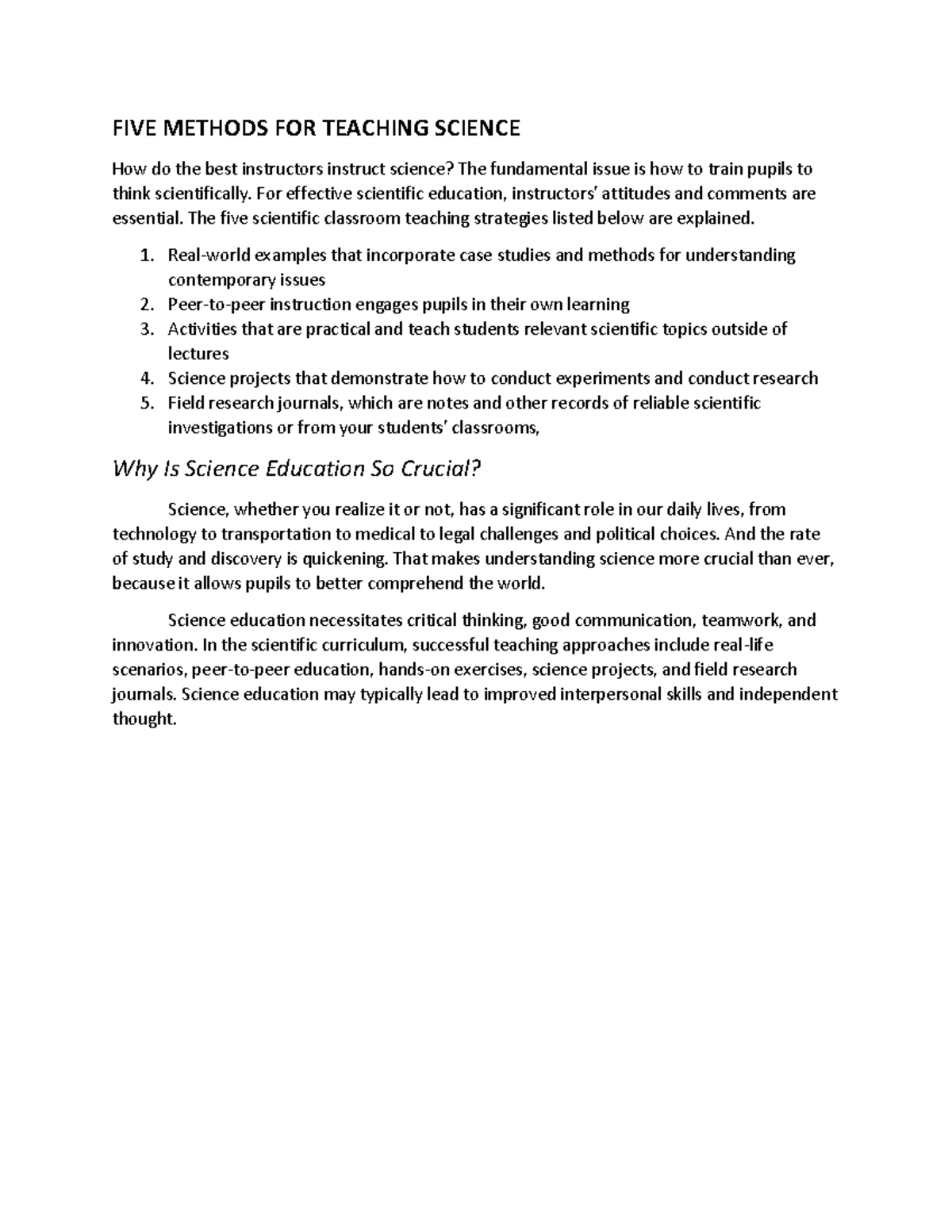 FIVE Methods FOR Teaching Science - FIVE METHODS FOR TEACHING SCIENCE ...