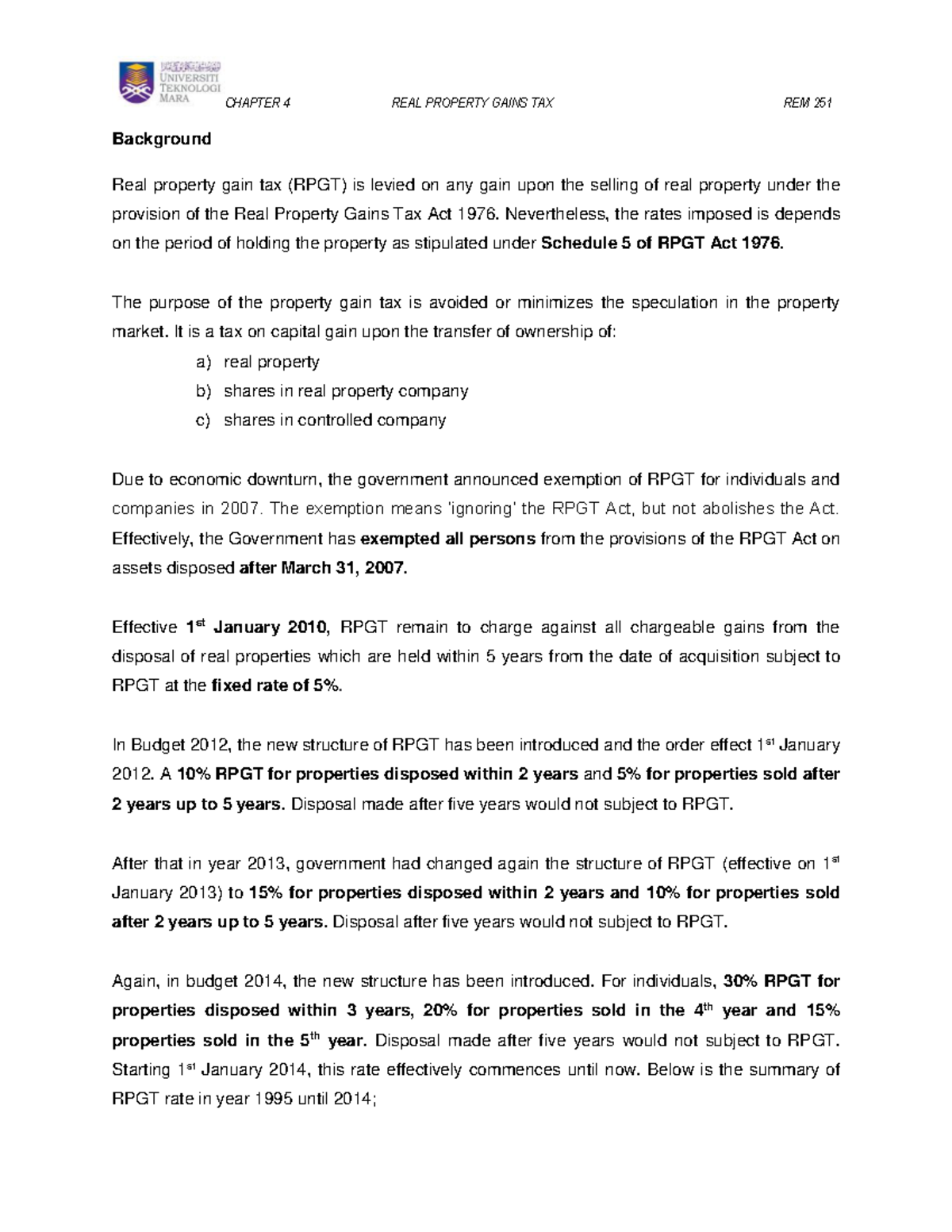 Rem251 topic 4 - report - Background Real property gain tax (RPGT) is ...