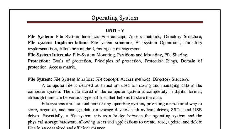 OS Unit V - File System Concepts, Implementation, and Protection - Studocu