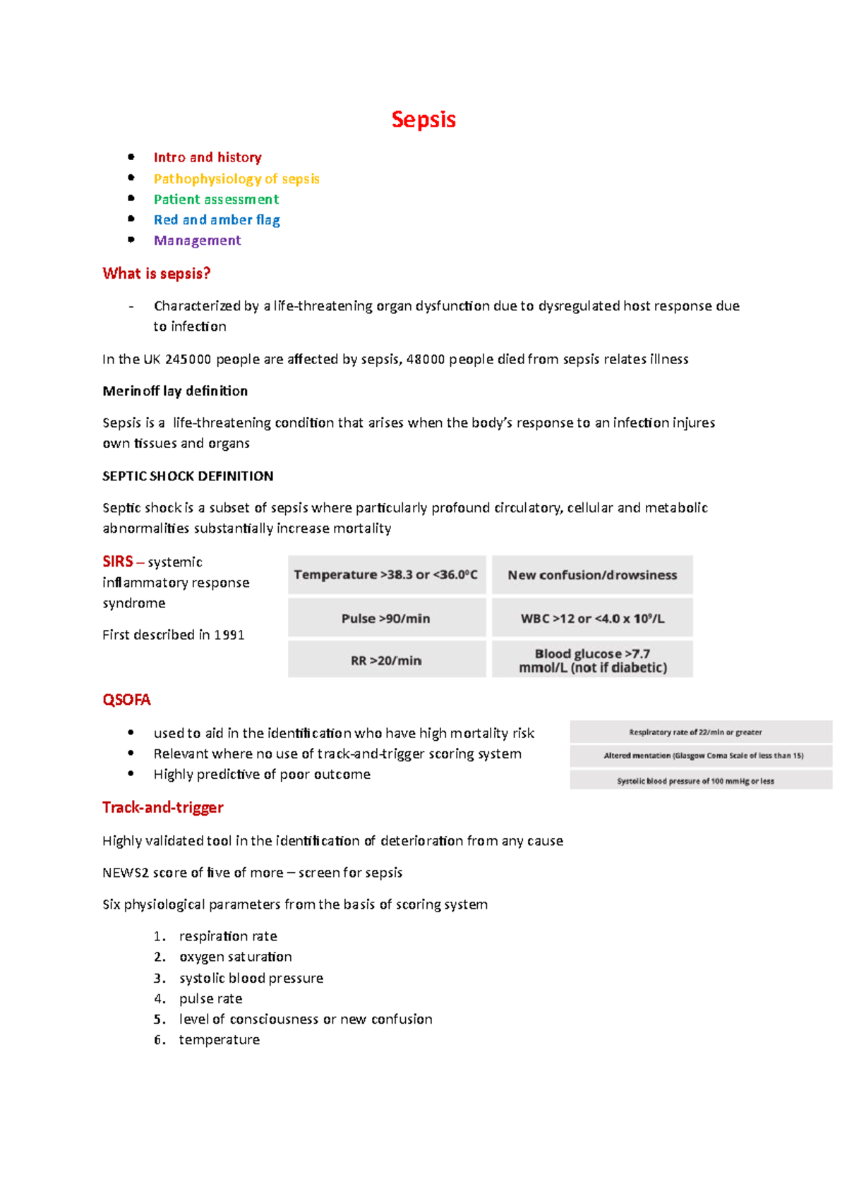 Sepsis - notes - Sepsis Intro and history Pathophysiology of sepsis ...