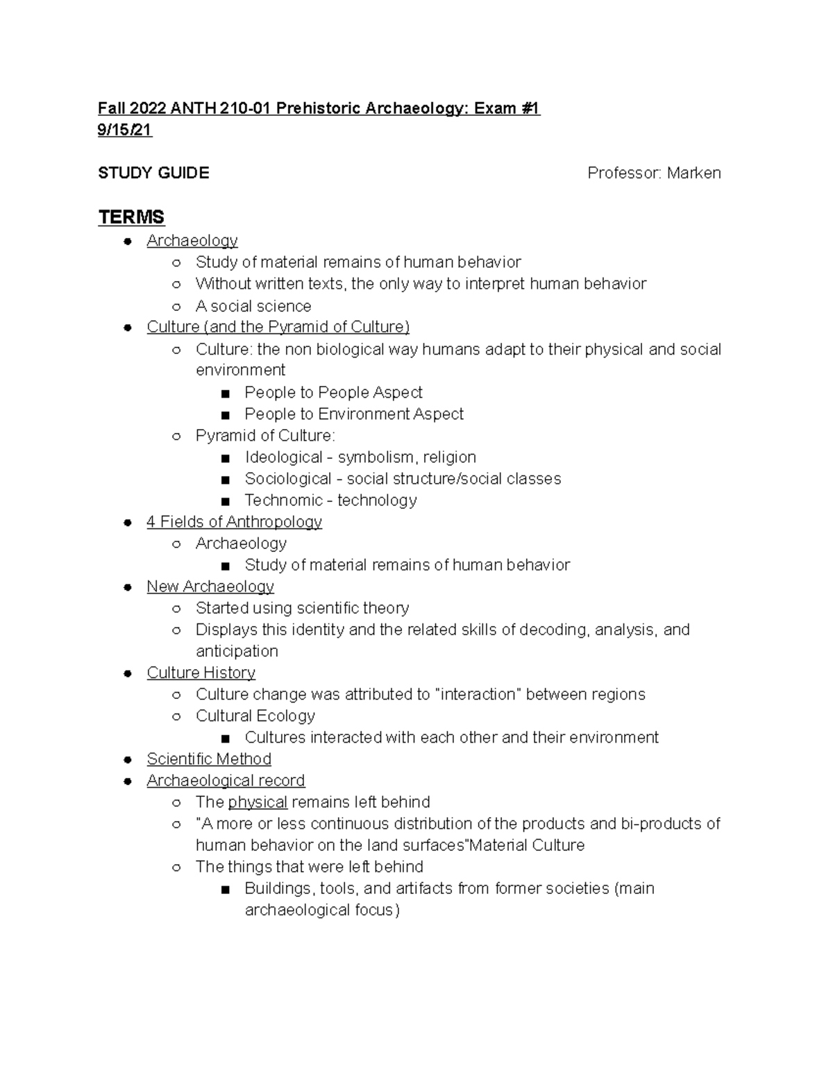 ANTH 210 Exam #1 Study Guide: Prehistoric Archaeology Insights - Studocu