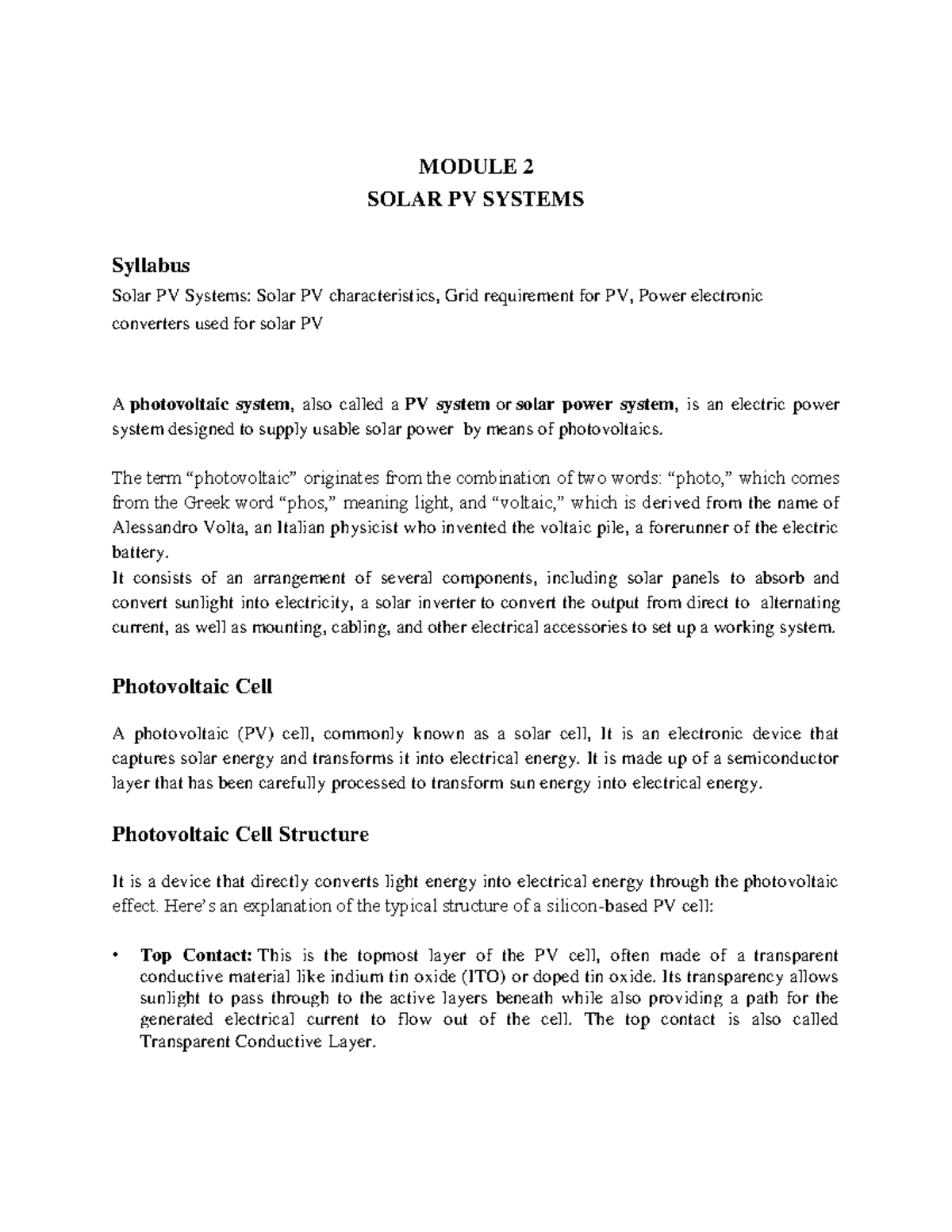 PE RES Module 2: Solar PV Systems Syllabus and Characteristics - Studocu