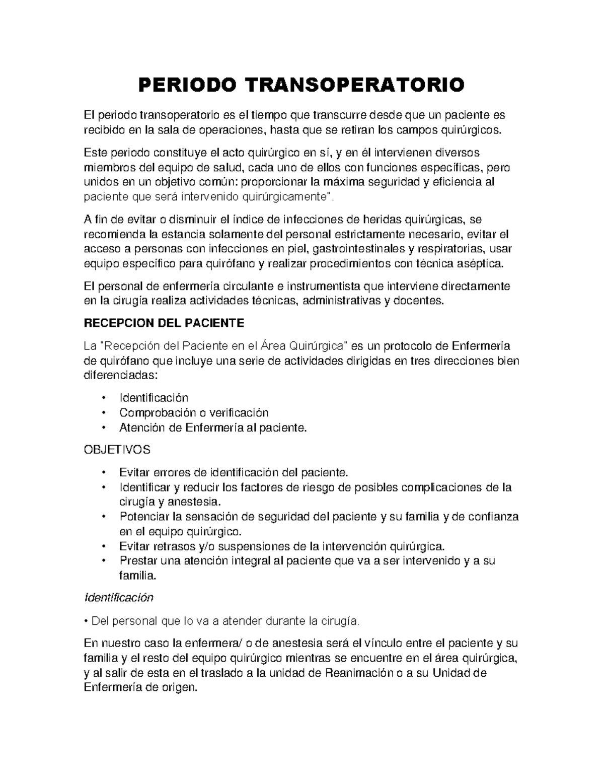 Periodo Transoperatorio, recepción del paciente y posiciones ...