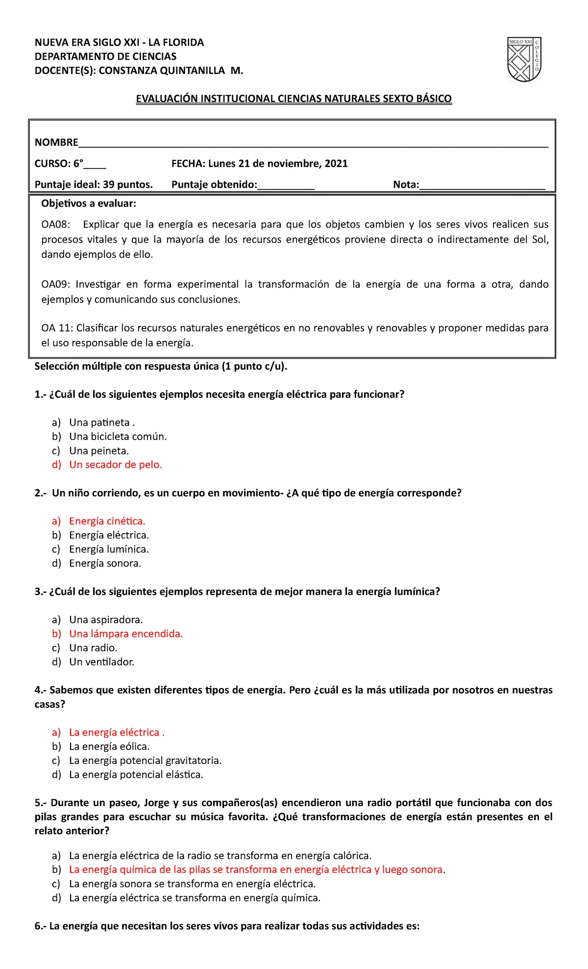 Hojas De Trabajo De Energía Cinética Y Potencial Para Sexto Grado