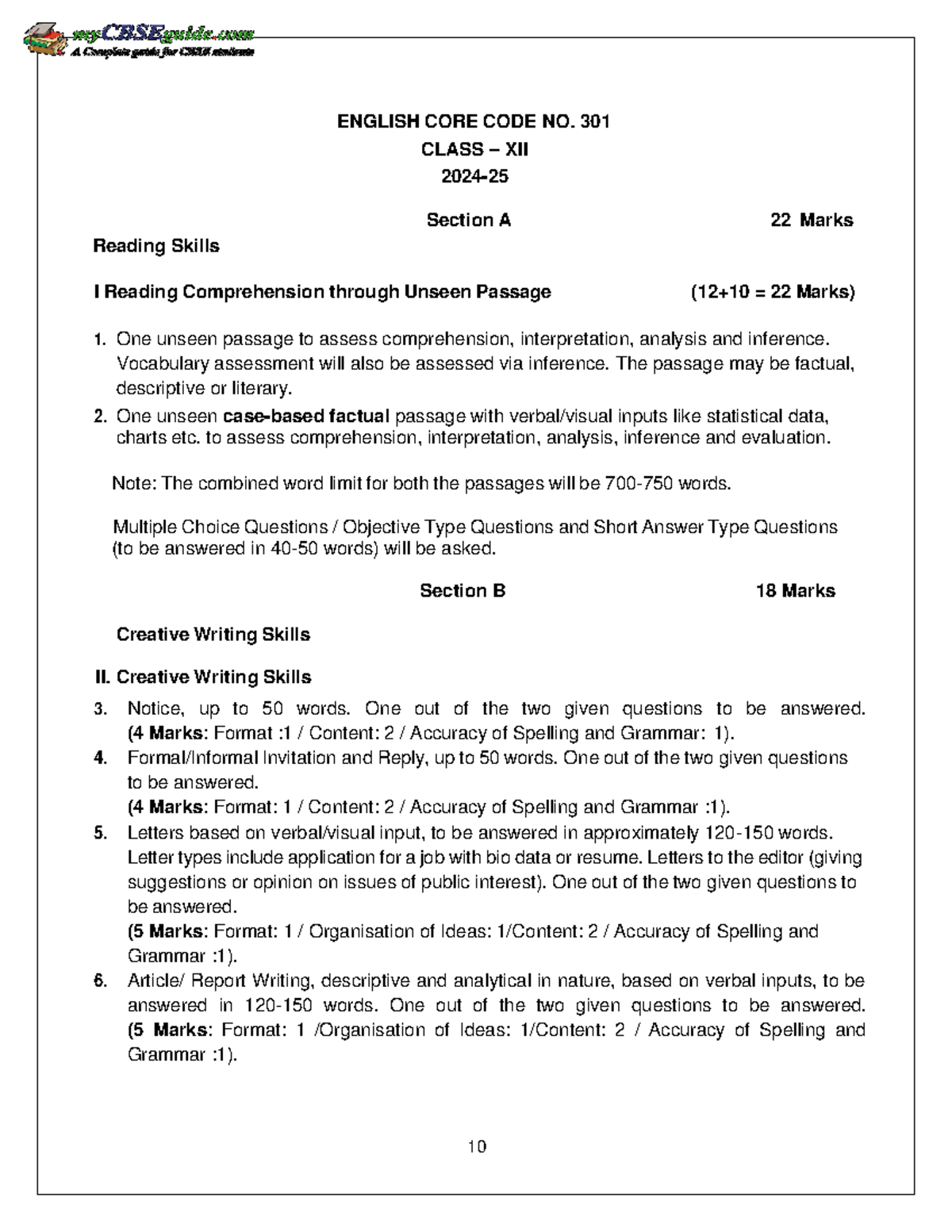 ENGLISH CORE CODE NO. 301 CLASS XII Syllabus Overview for 2025 - Studocu