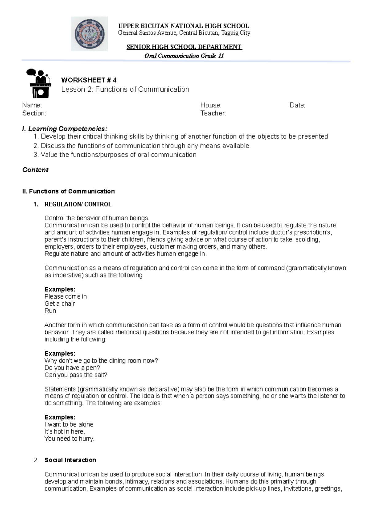 Grade 11 Oral Communication Worksheet: Functions of Communication - Studocu