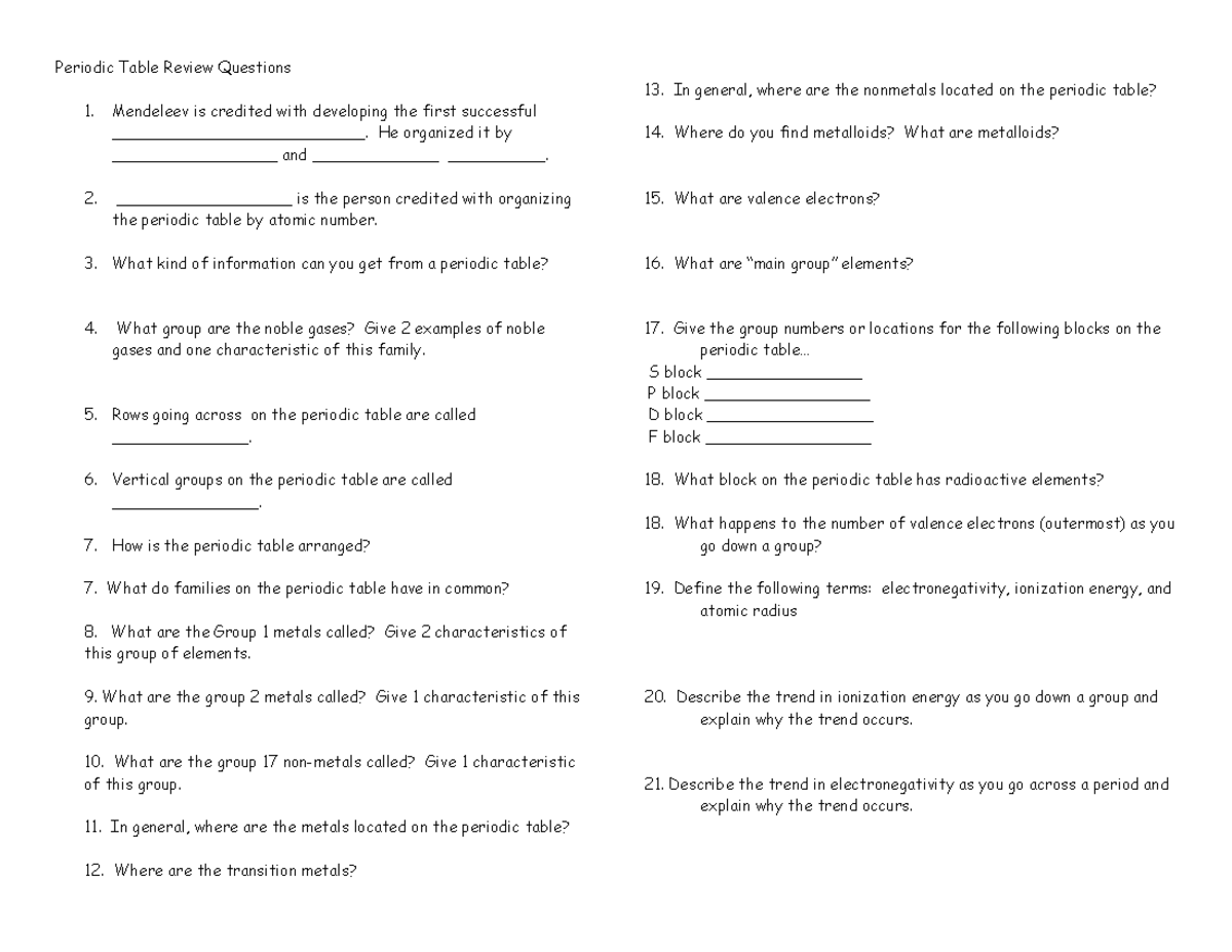 Periodic Table Review Questions & Trends Analysis (Chem 101) - Studocu