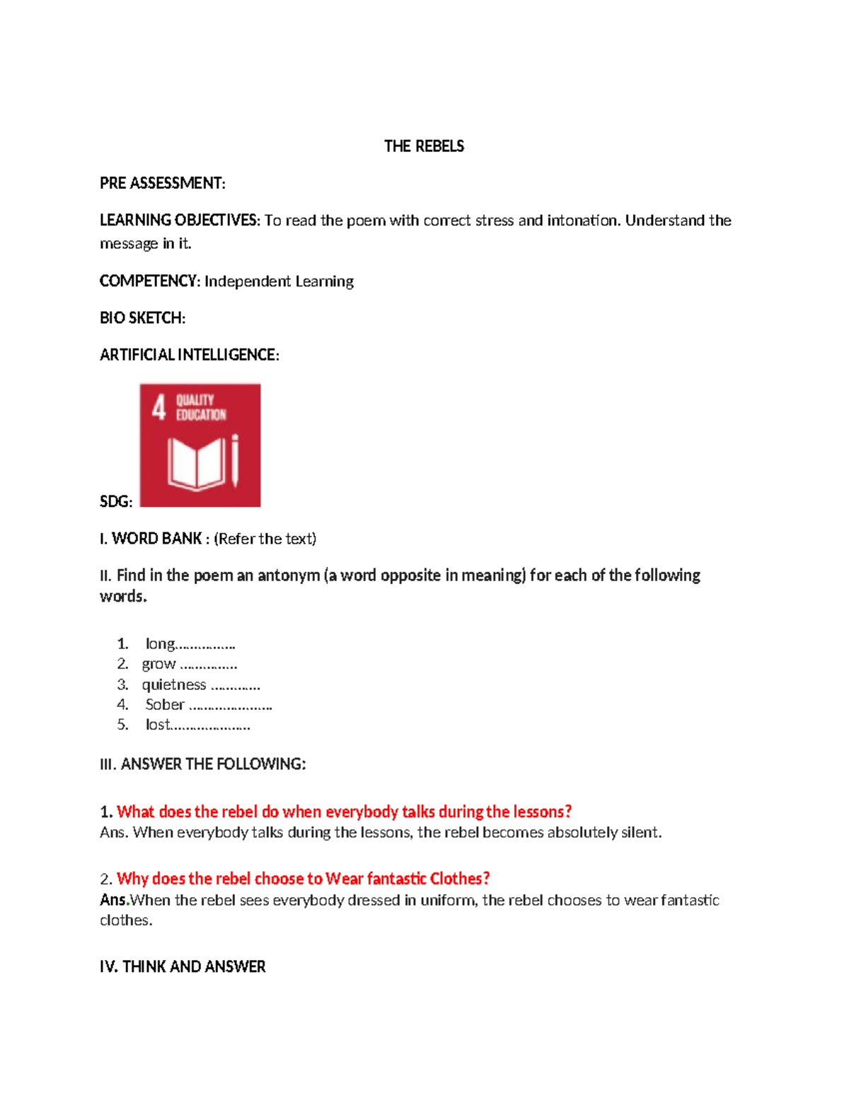 THE REBELS: Pre-Assessment Notes for Independent Learning - Studocu