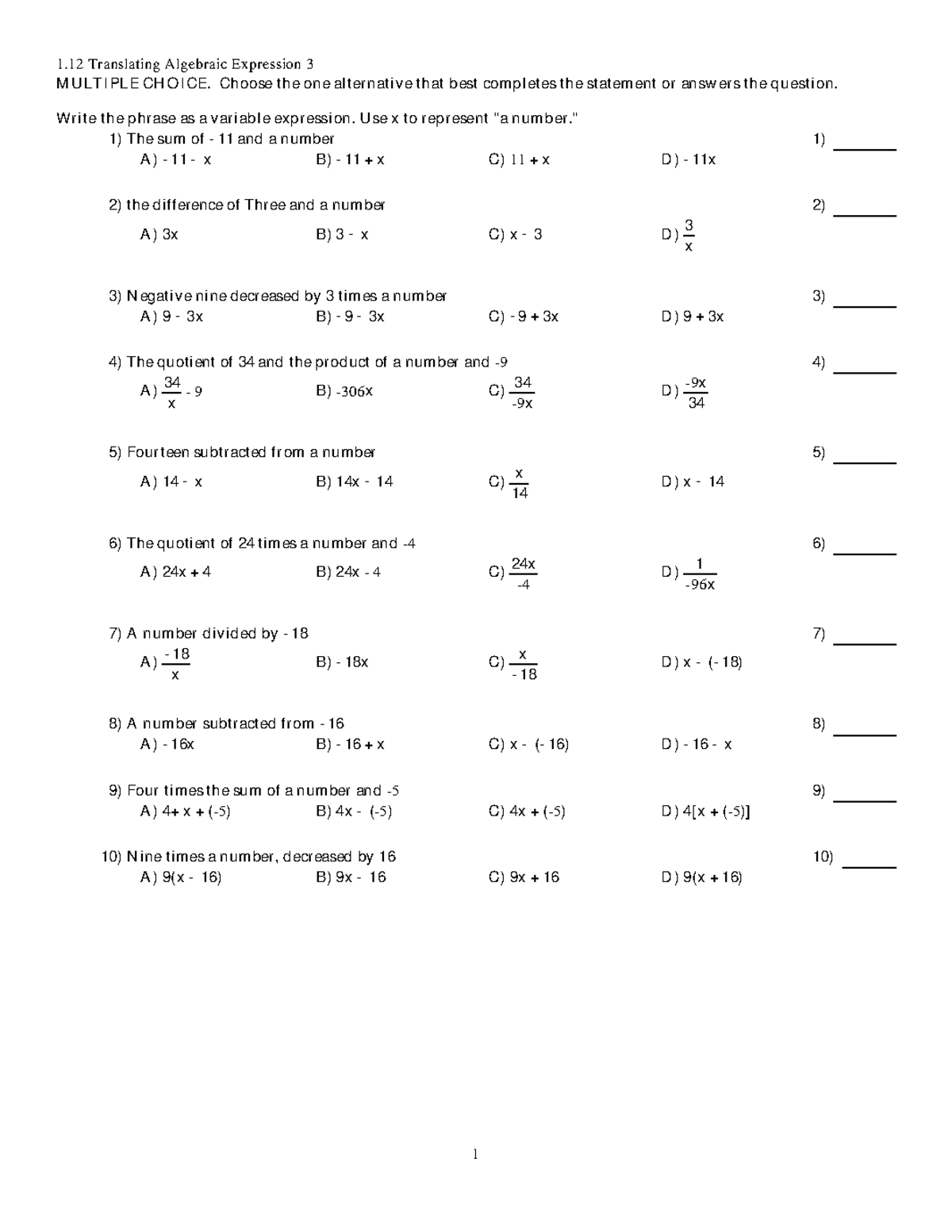 1.12Translating Alg Expressions 3 mulitple choice - 1 Translating ...