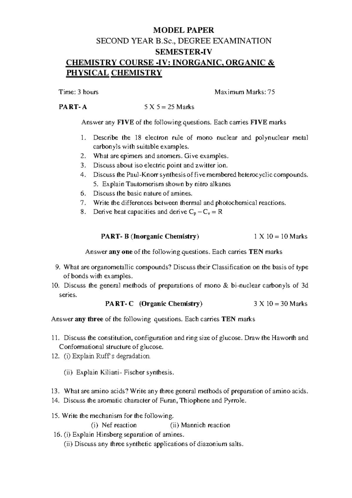 Model Paper: B.Sc. Chemistry Sem-IV Course IV - Inorganic, Organic ...